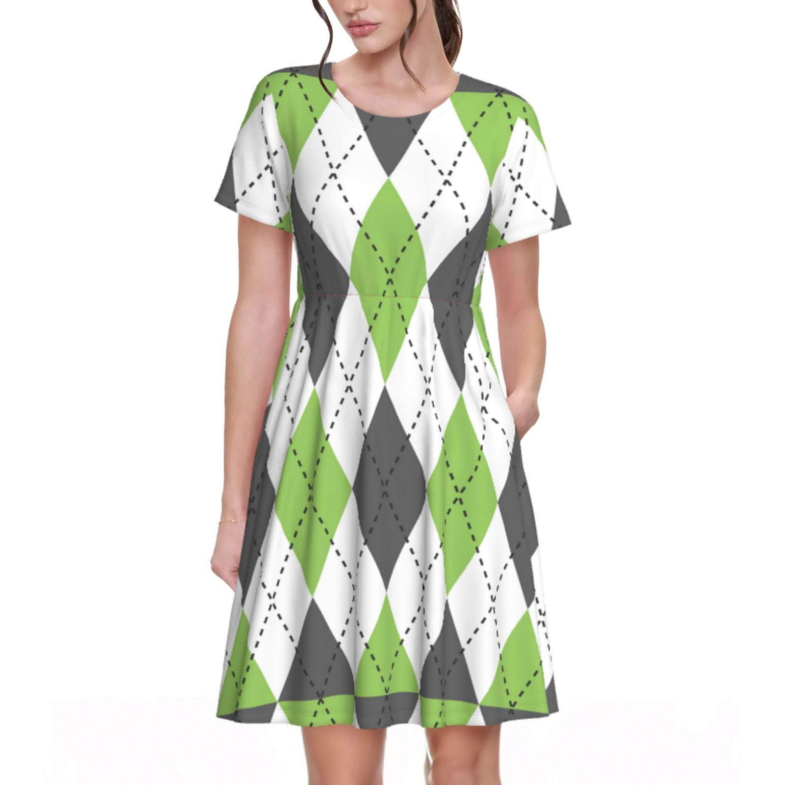Honeii Light green and black argyle Print Women’s Short Sleeve Dress ...