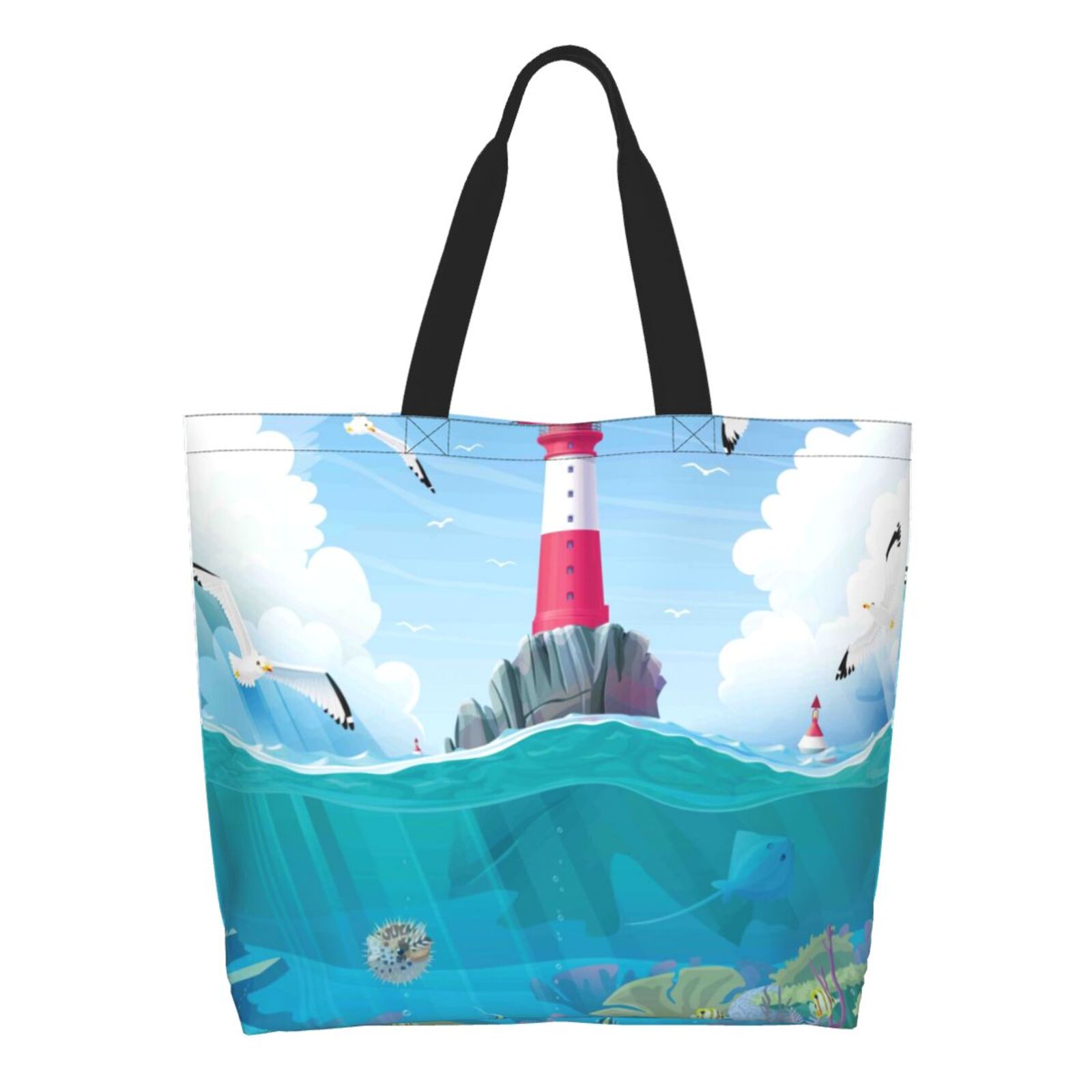 Honeii Lighthouse Sea Port Print Tote Bag for Women, Foldable Tote Bag ...