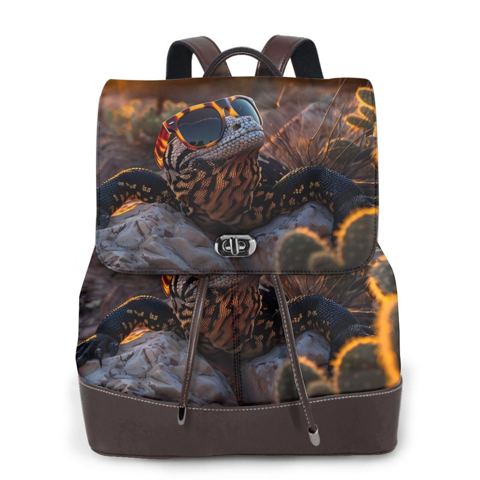 Honeii Lizard With Sunglasses Sunset rint Leather Backpack,Trendy ...