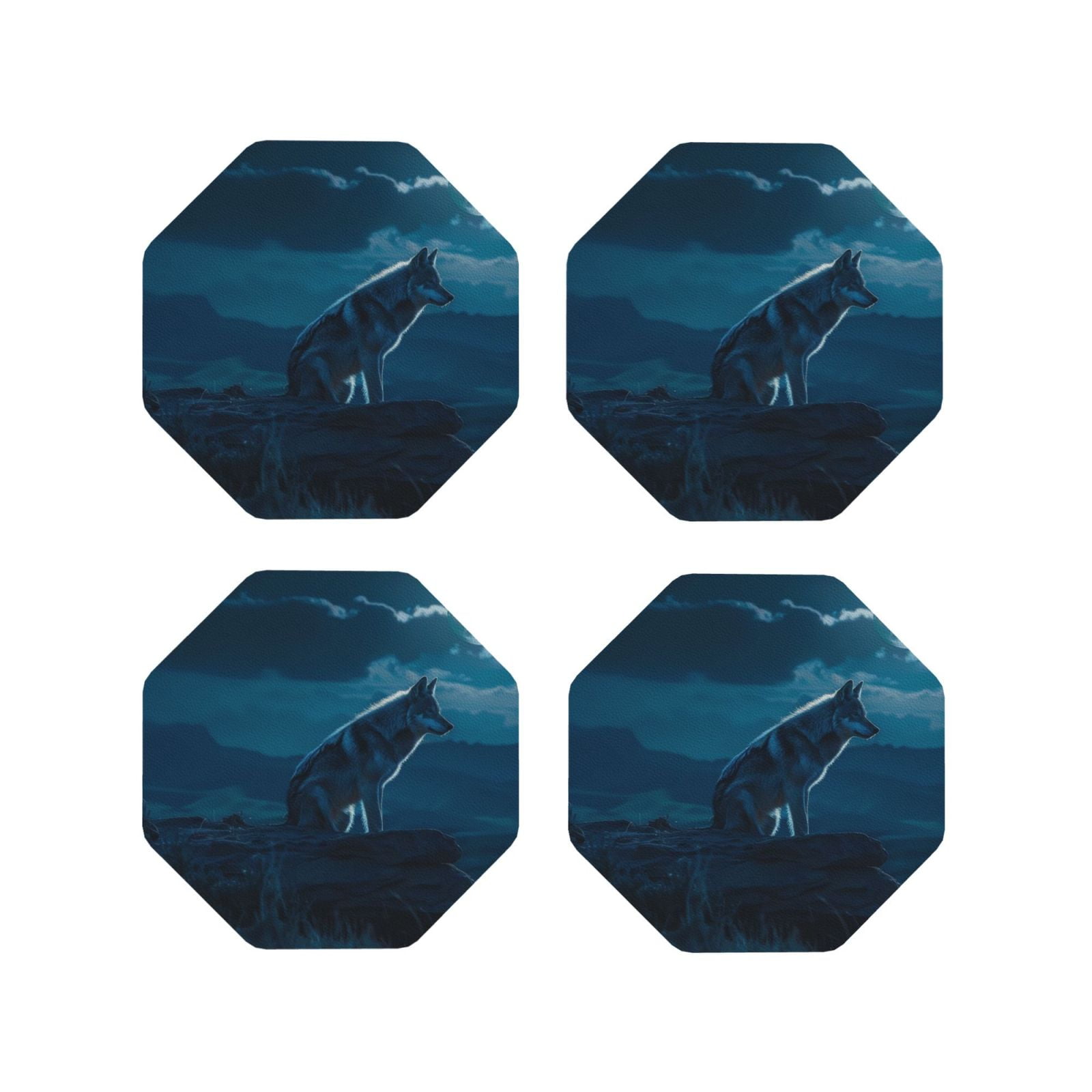 Honeii Lonely Night Wolf print Leather Coaster Set of 4, ideal for ...