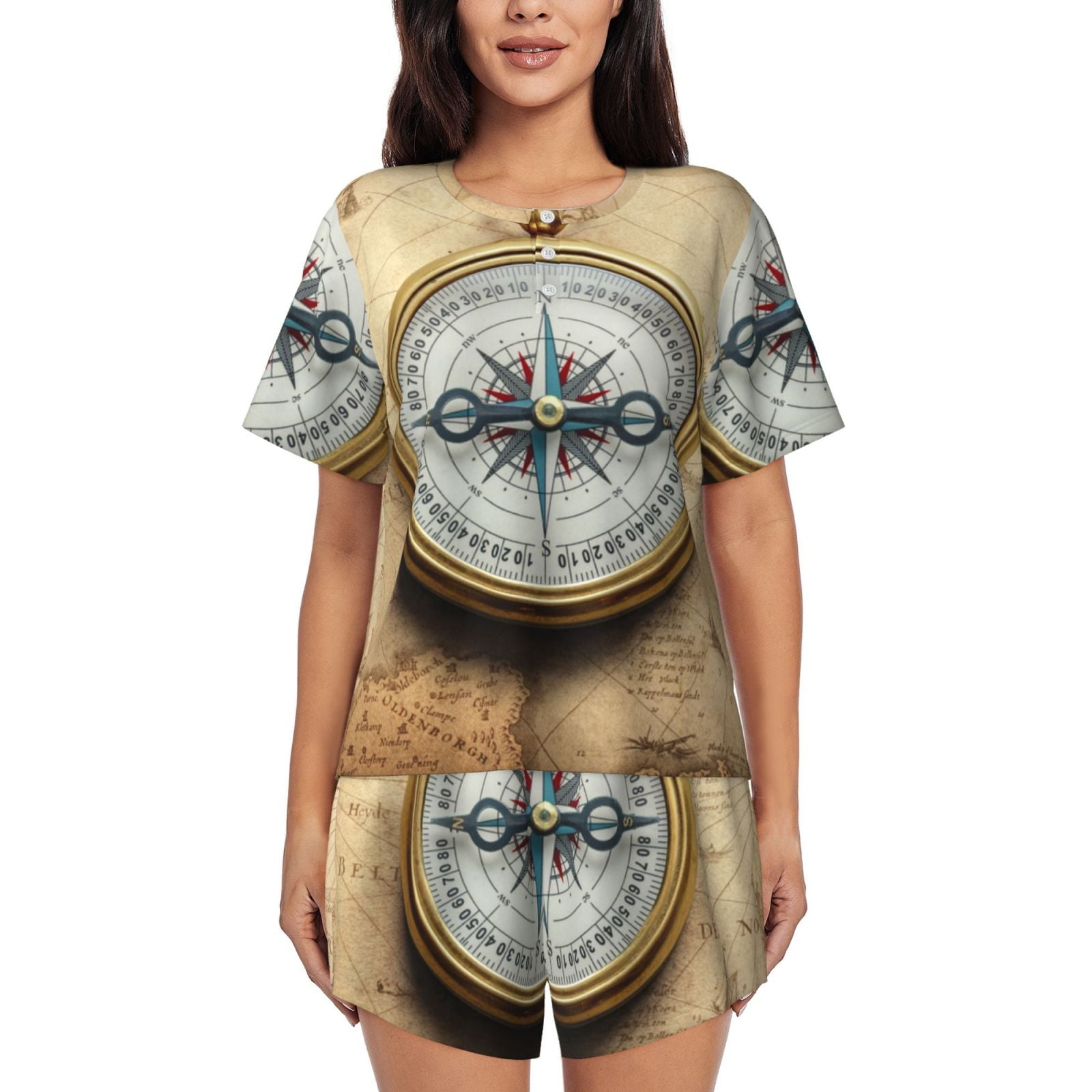 Honeii Magnetic Old Compass On World Map for Women's Summer Pajama Set ...