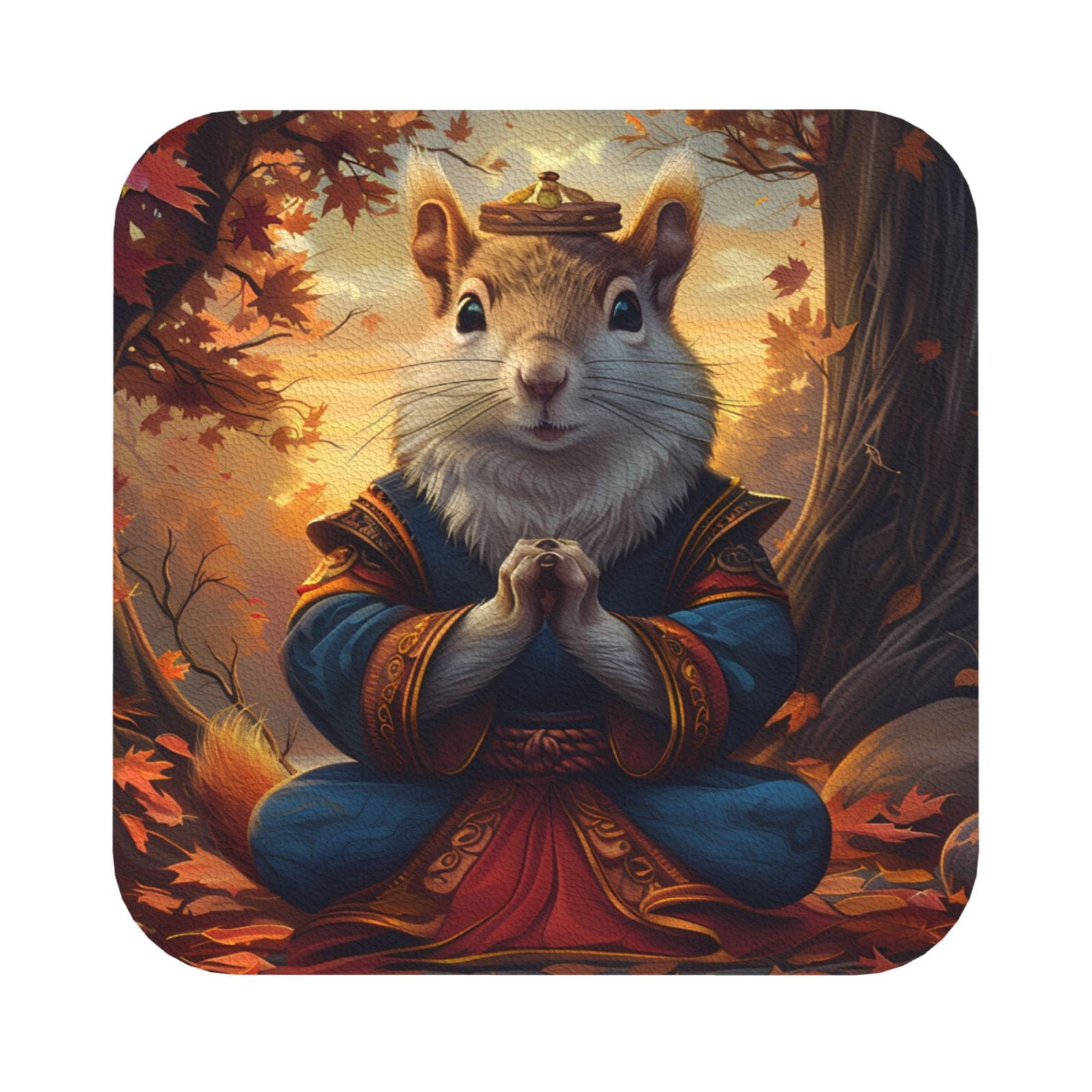 Honeii Maple Leaf Meditating Squirrel Print Leather Coaster Set of 6 ...