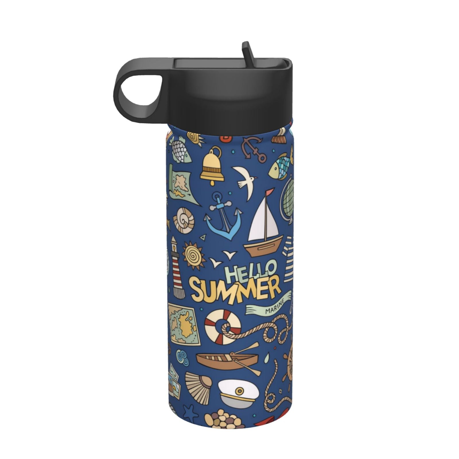 Honeii Marine Nautical Print 18 oz Insulated Water Bottle with Straw ...
