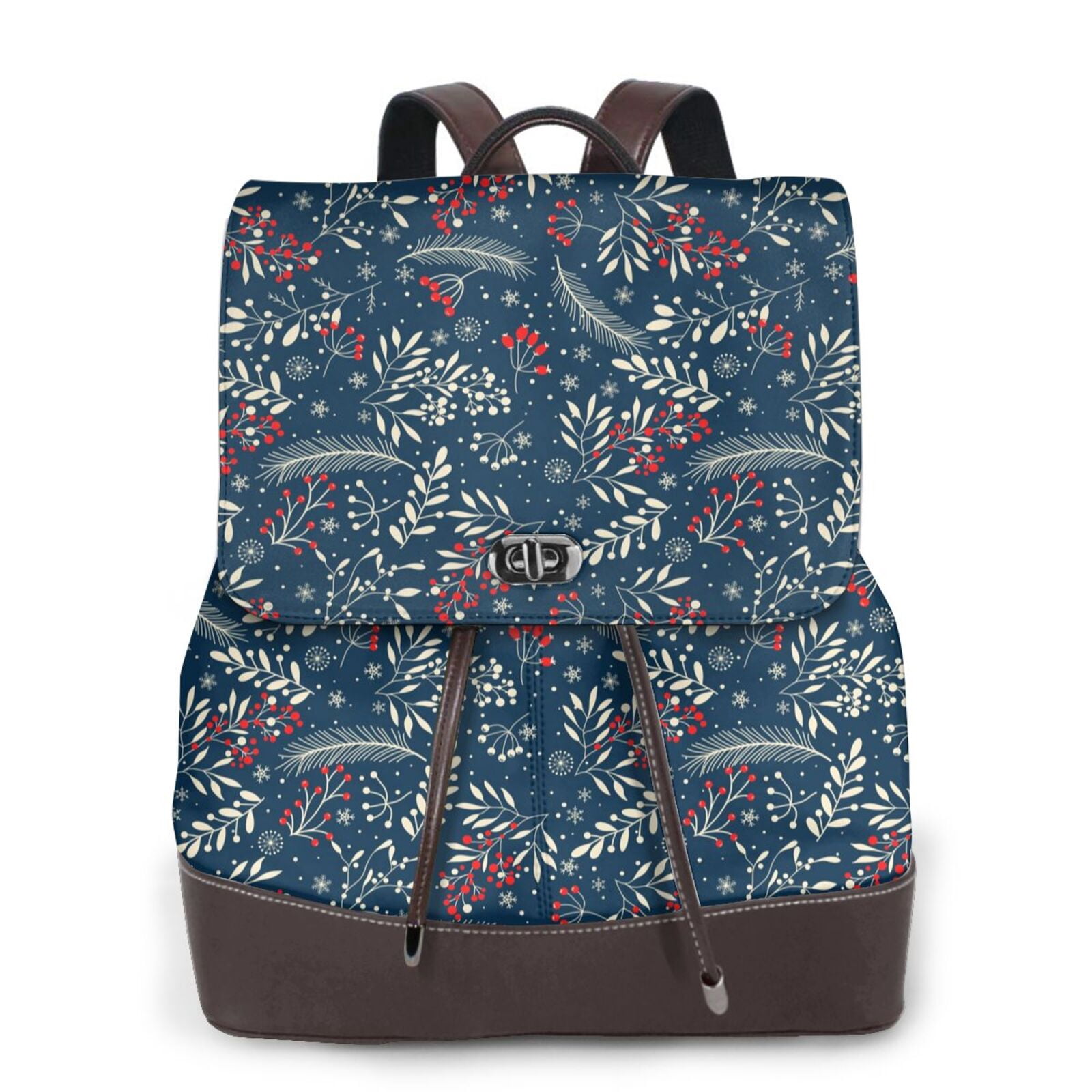 Honeii Merry Christmas Winter Leaves Snowflakes rint Leather Backpack ...