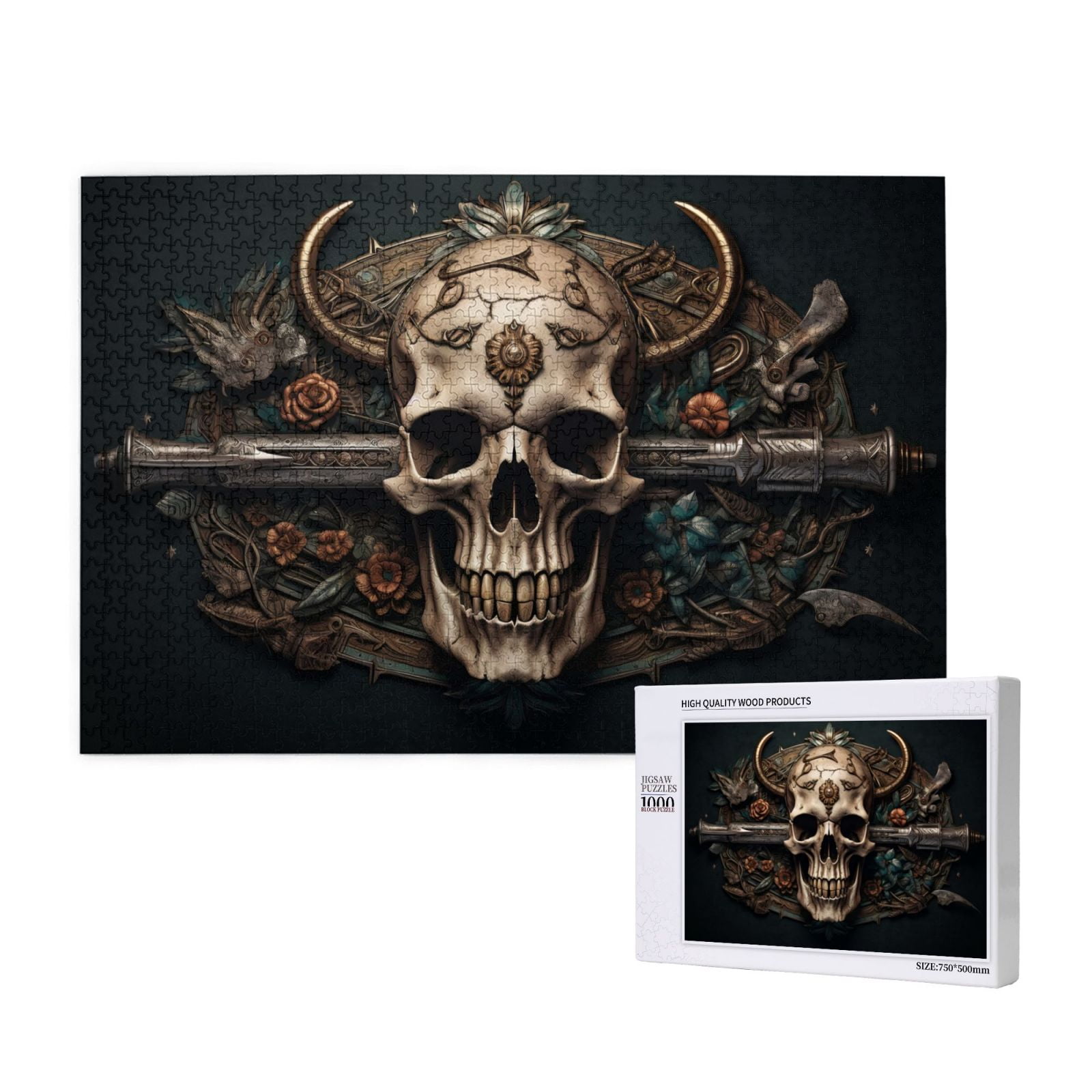 Honeii Metal Style Horned Skull Pattern 1000 Piece Puzzles for Adults ...