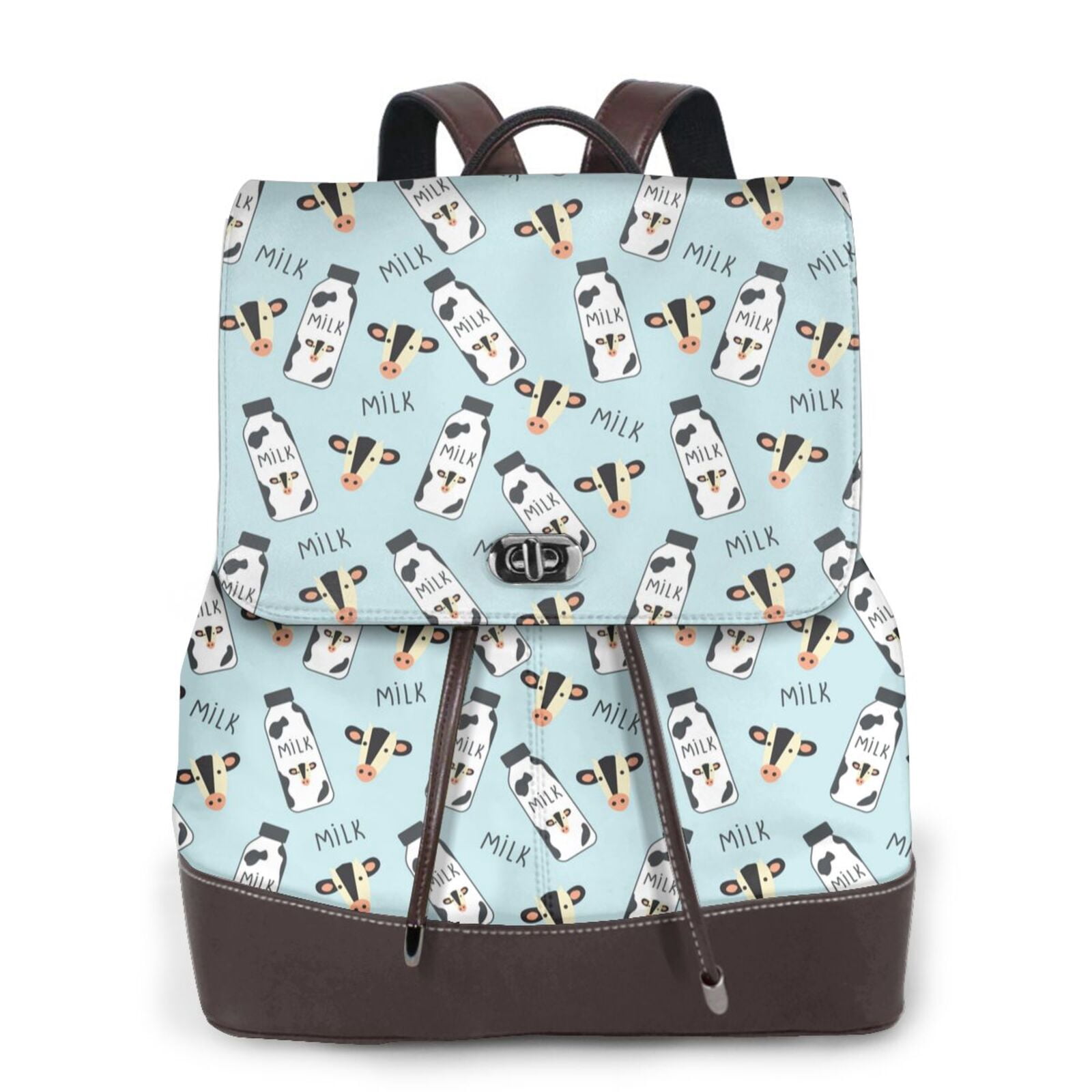 Honeii Milk Bottles And Cow Head rint Leather Backpack,Trendy Leather ...
