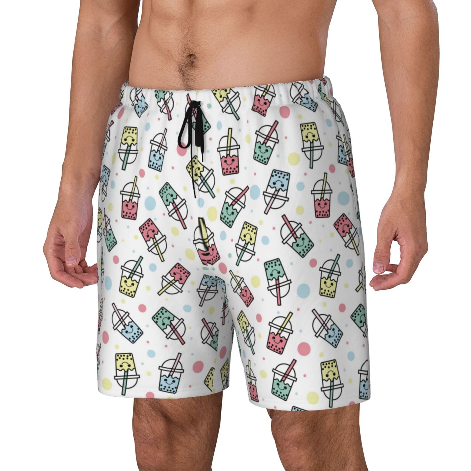 Honeii Milk Tea Print Men's Swim Shorts,Mens Swim Trunks,Breathable ...
