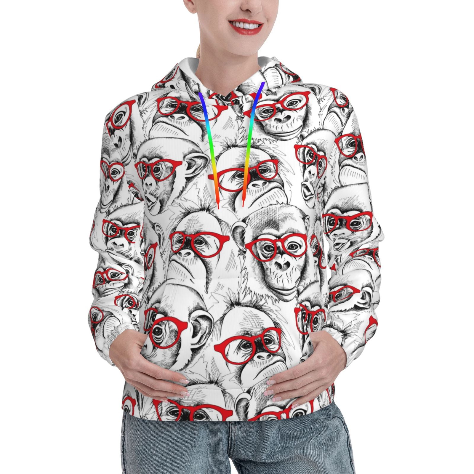 Honeii Monkey Pattern Womens Oversized Hoodies Long Sleeve Sweatshirts ...