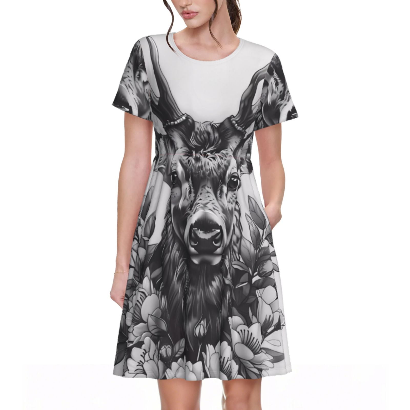 Honeii Monochrome Deer Floral Print Women’s Short Sleeve Dress ...