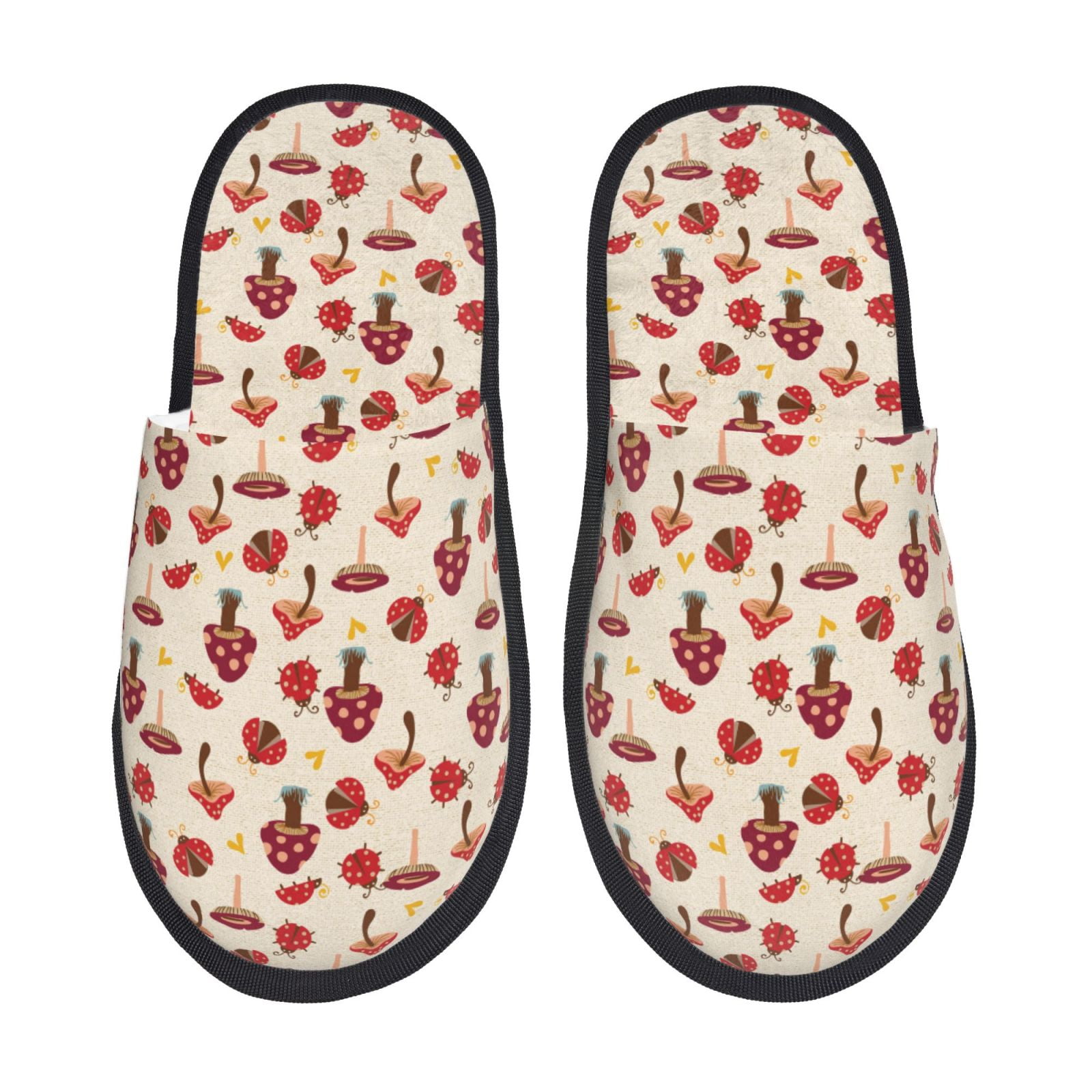 Honeii Mushrooms and Lady Bugs Print Furry Slippers Bedroom Slippers ...