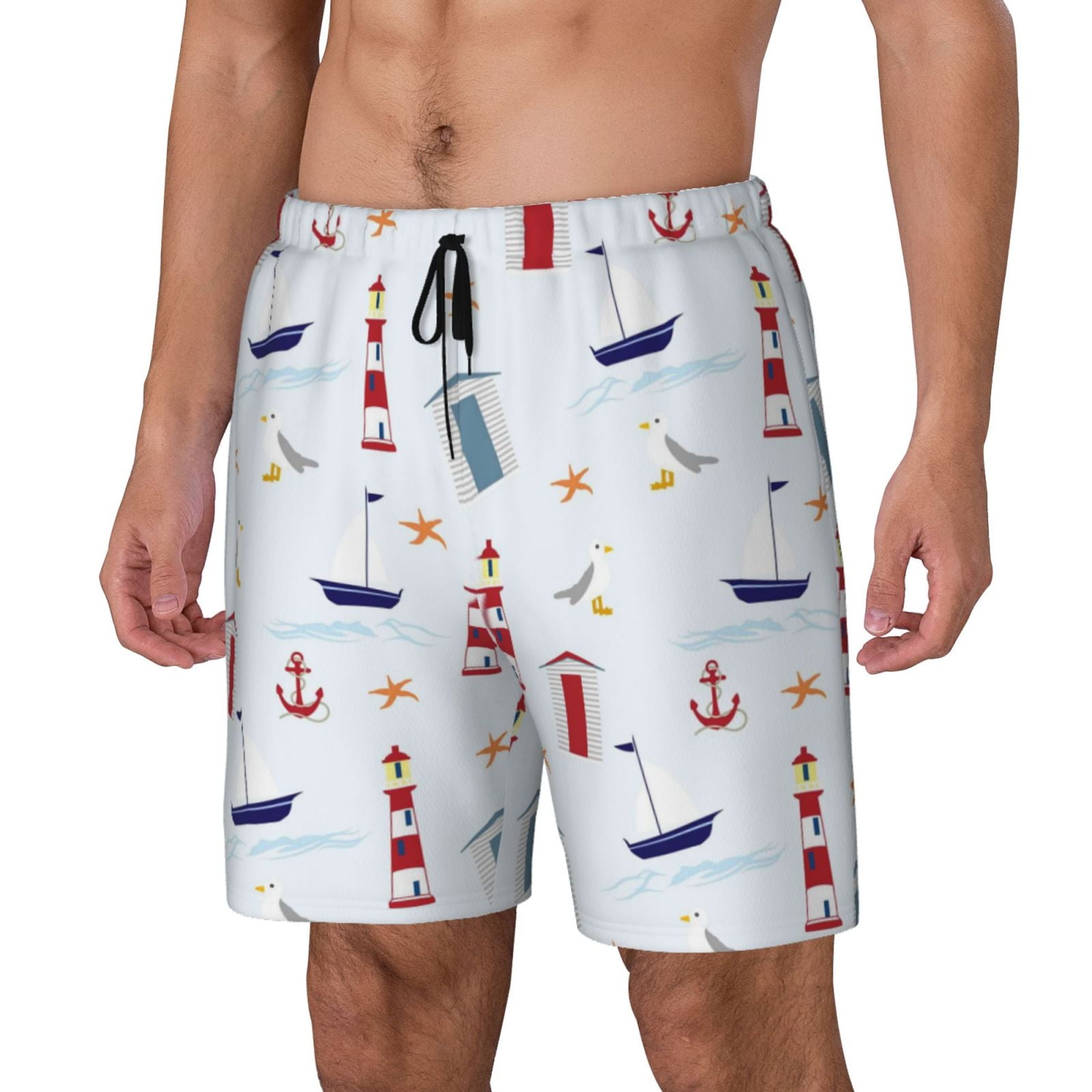 Honeii Nautical Lighthouse Sailboat Print Men's Swim Shorts,Mens Swim ...