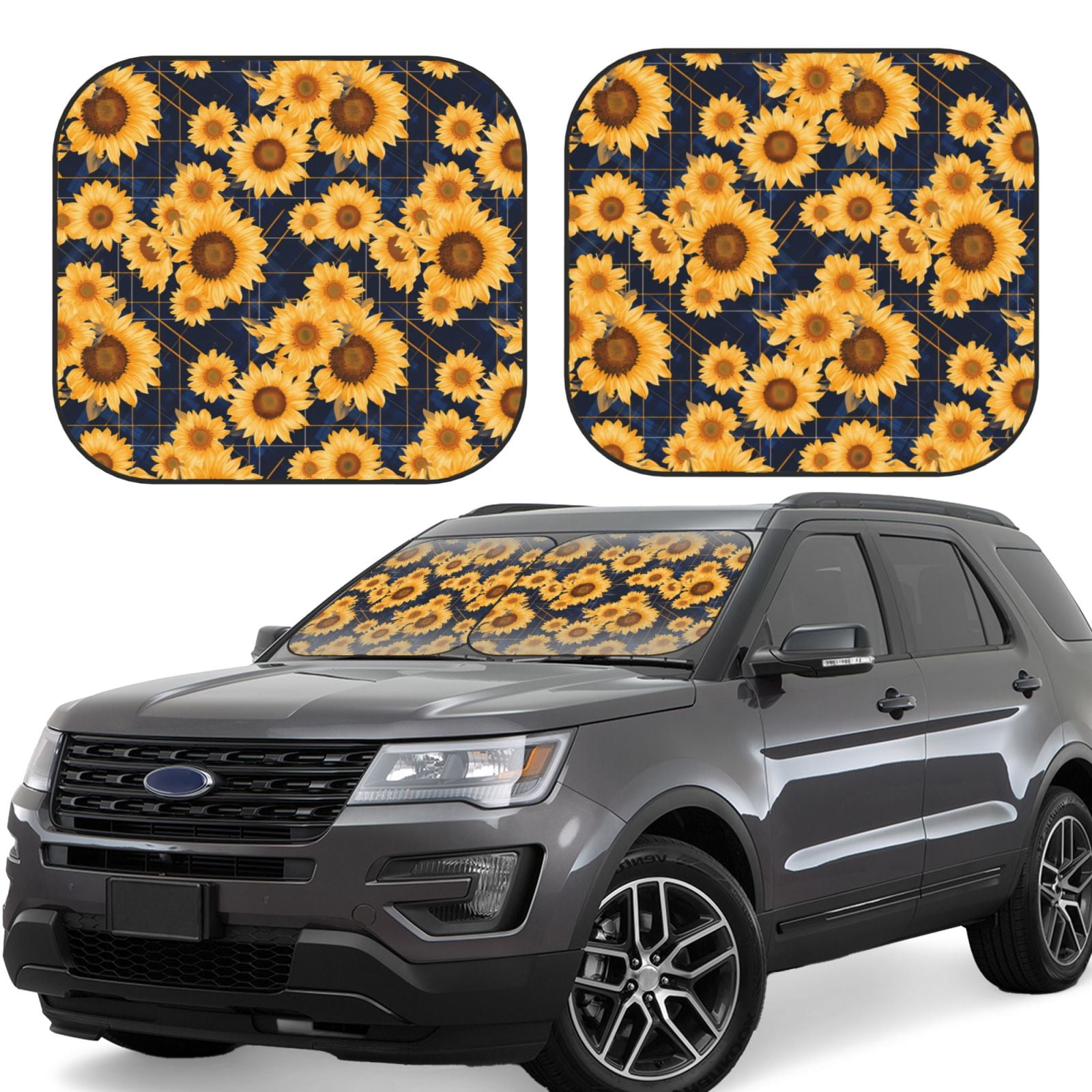 Honeii Navy Blue Plaid Sunflower Print Foldable Car Sun Shade for ...