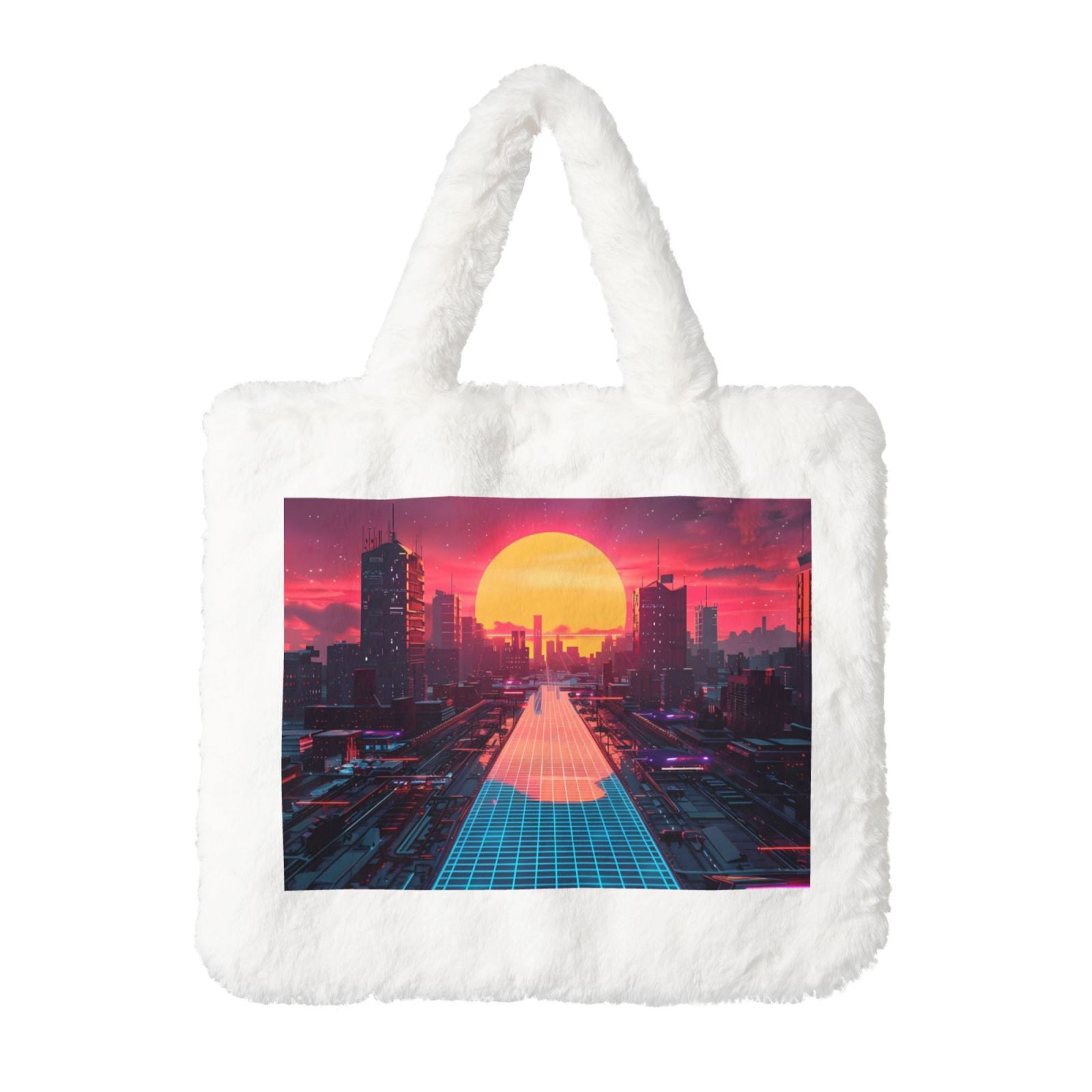 Honeii Neon Sunset Cyberpunk Cityscape Print Fluffy Shoulder Bag Plush ...