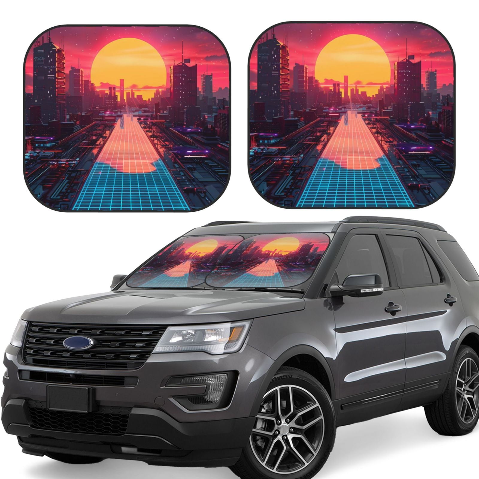Honeii Neon Sunset Cyberpunk Cityscape Print Foldable Car Sun Shade for ...