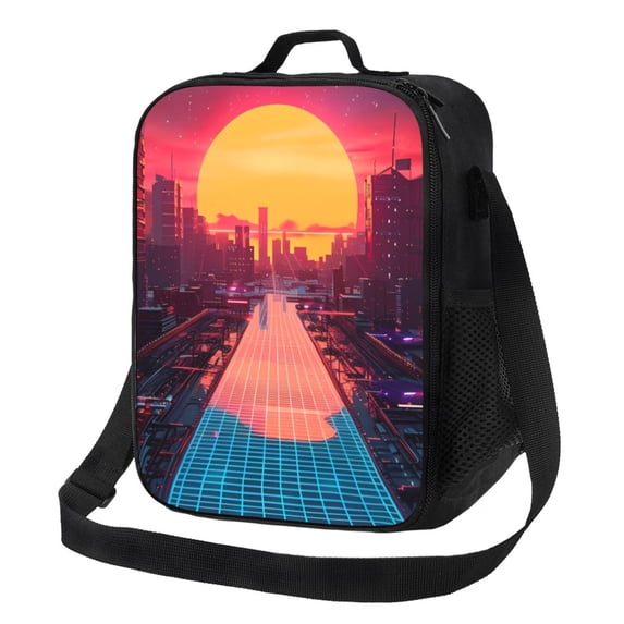 Honeii Neon Sunset Cyberpunk Cityscape Print Insulated Lunch Bag ...