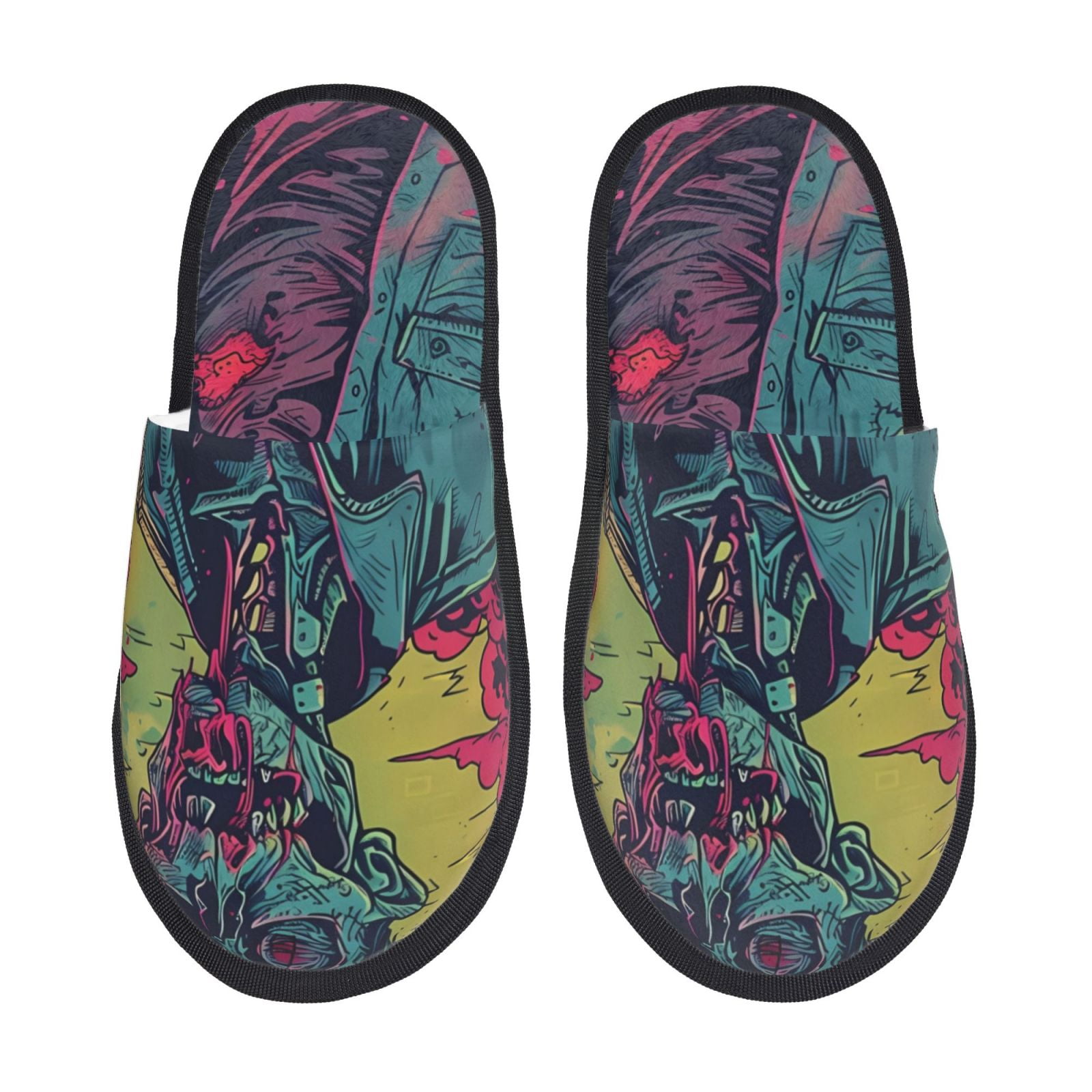 Honeii Neon Zombie Skull Print Furry Slippers Bedroom Slippers for ...