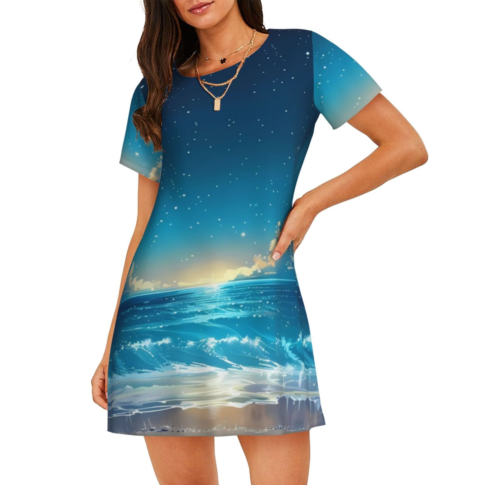 Honeii Night Sky Beach Scene Print Women's Loose Short Sleeve Nightgown ...