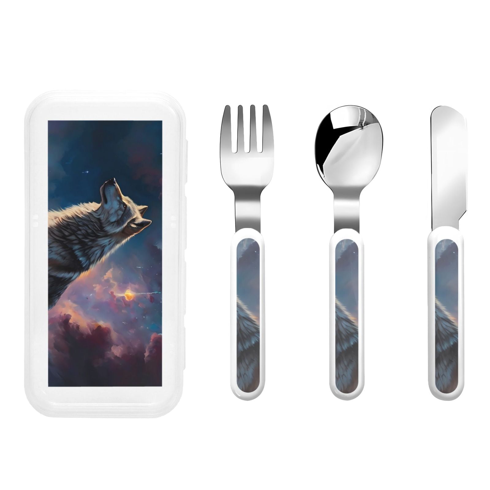 Honeii Night Sky Wolf Print Children's Knife, Fork And Spoon Set ...