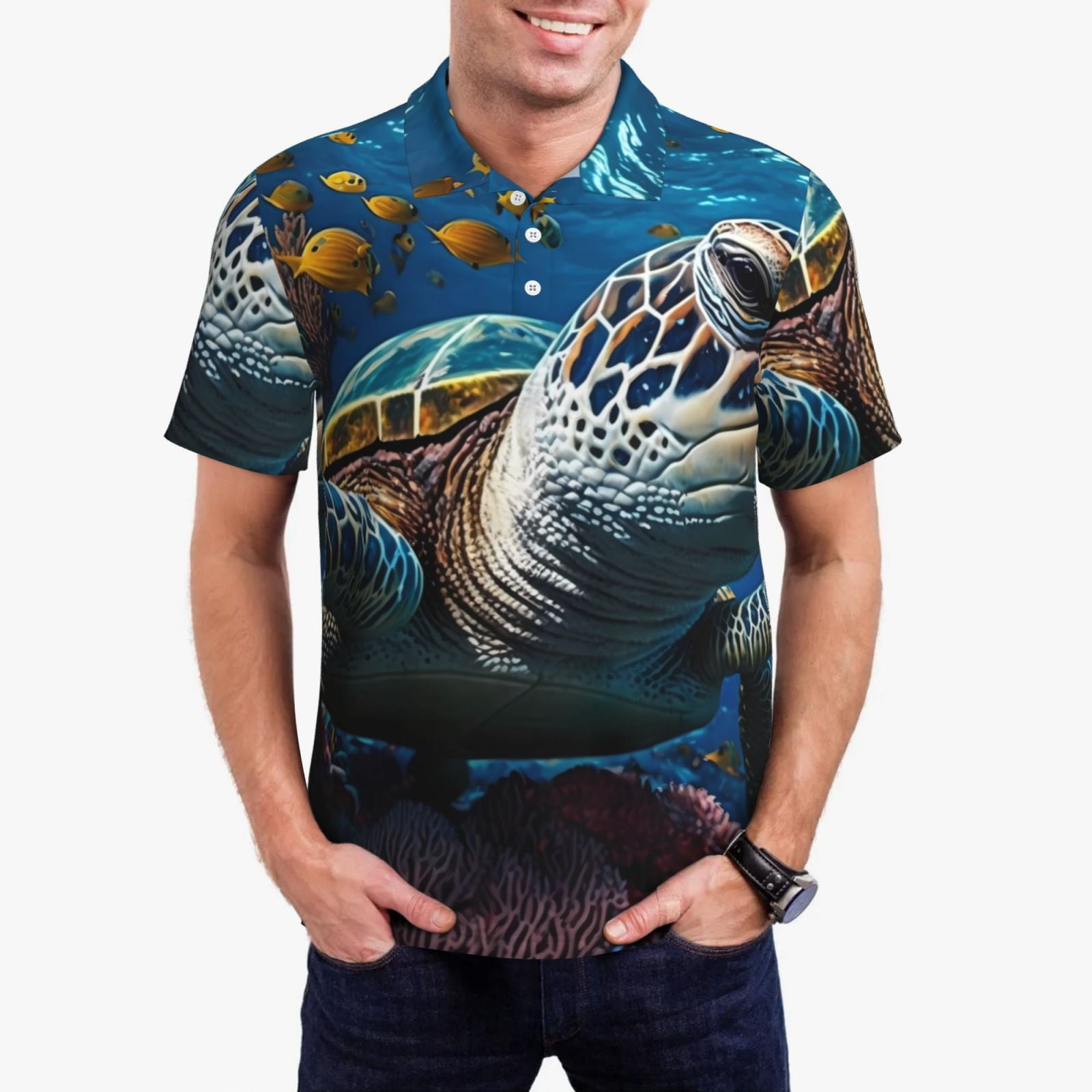 Honeii Ocean Coral Turtle print Polo Shirt, a classic short-sleeved ...