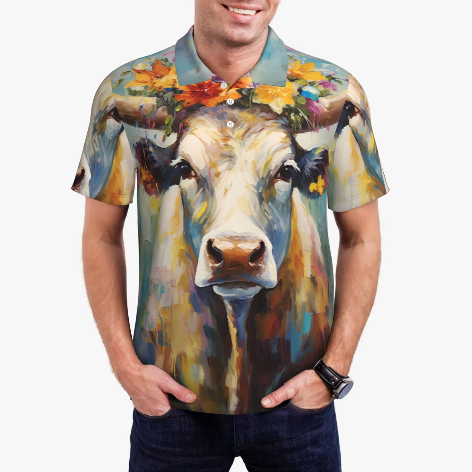 Honeii Oil Painting Flower Cow print Polo Shirt, a classic short ...