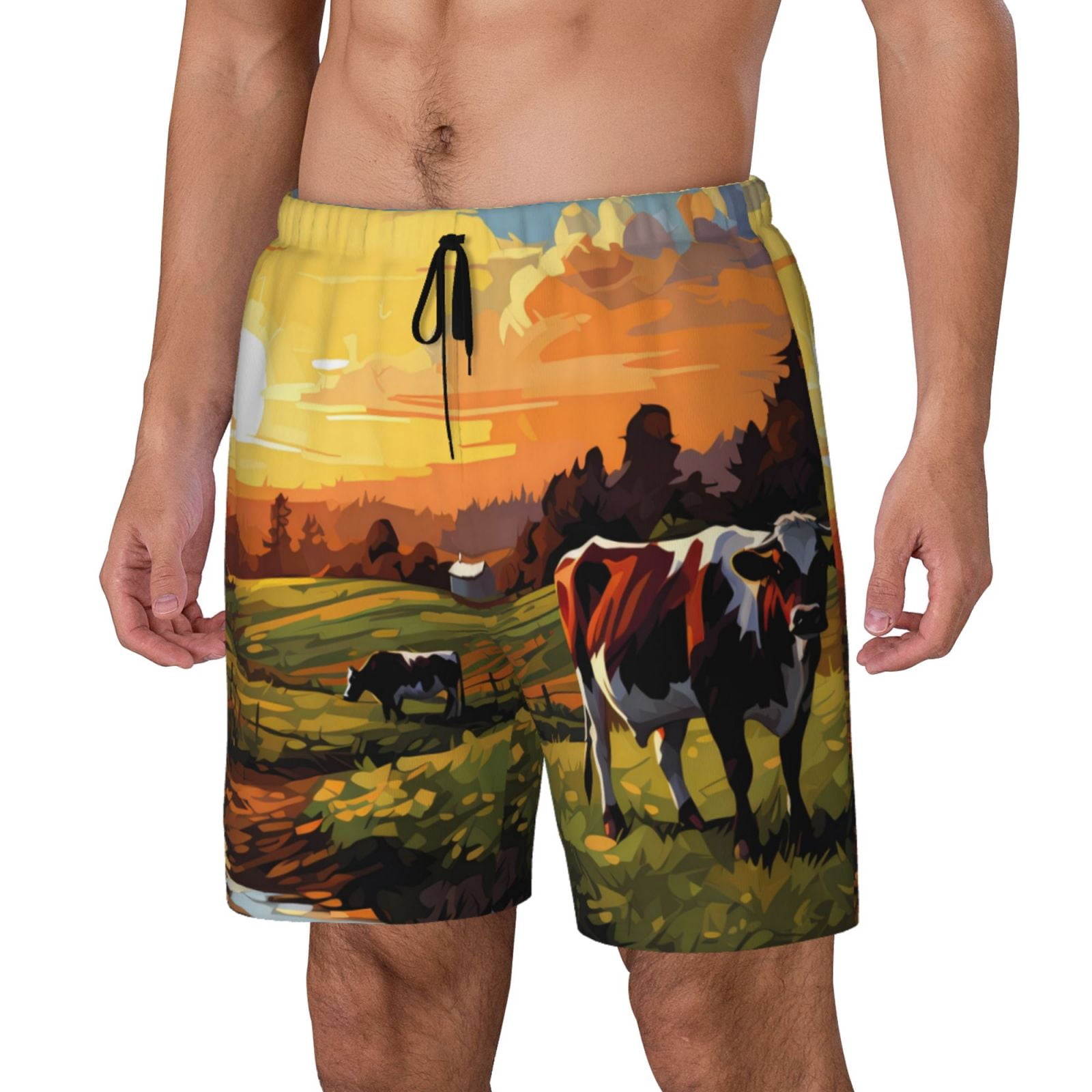 Honeii Oil Painting Style Pasture Cow Print Men's Swim Shorts,Mens Swim ...
