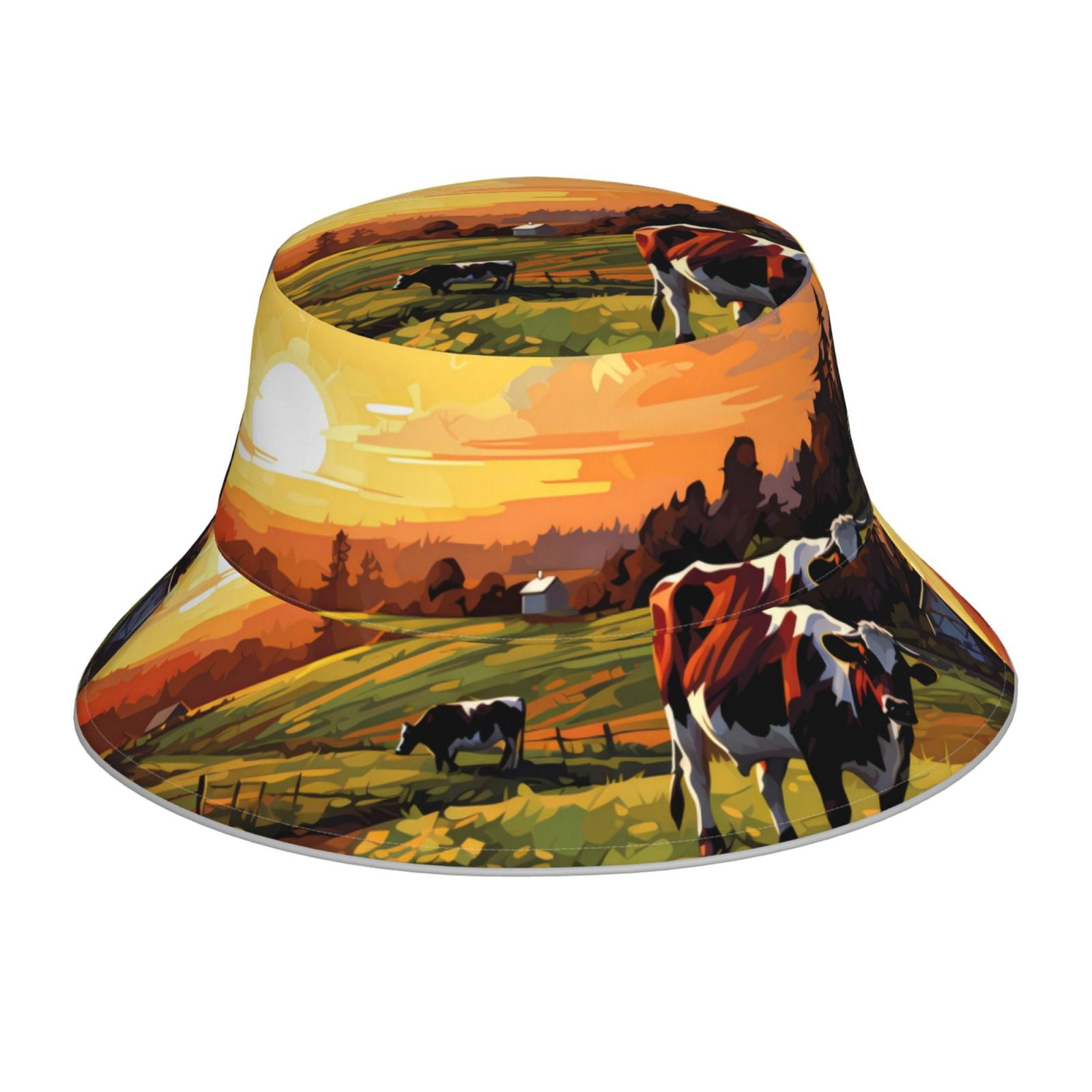 Honeii Oil Painting Style Pasture Cow for Unisex Bucket Hat Waterproof ...