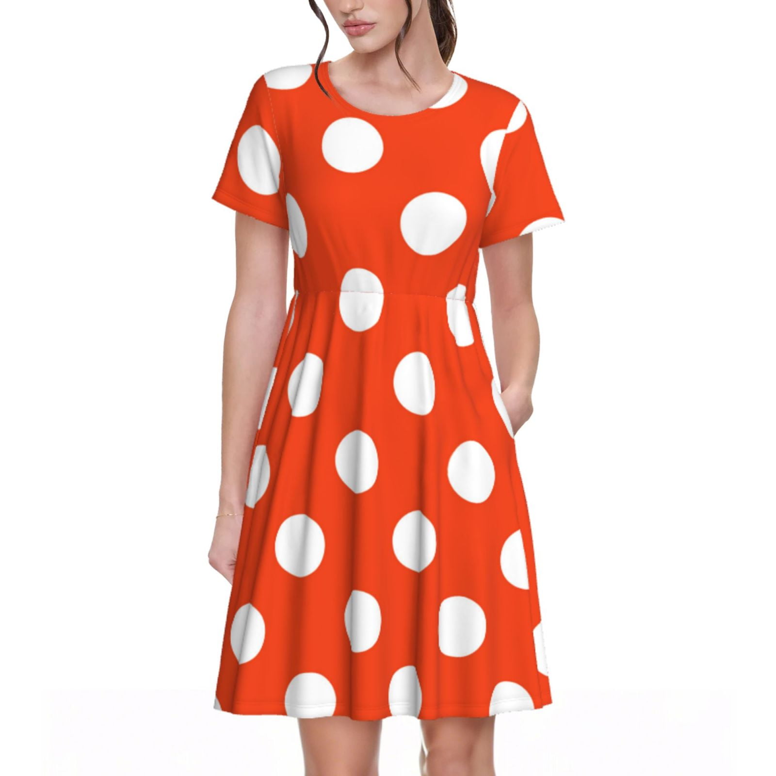 Honeii Orange And White Polka Dot1 Print Women’s Short Sleeve Dress ...