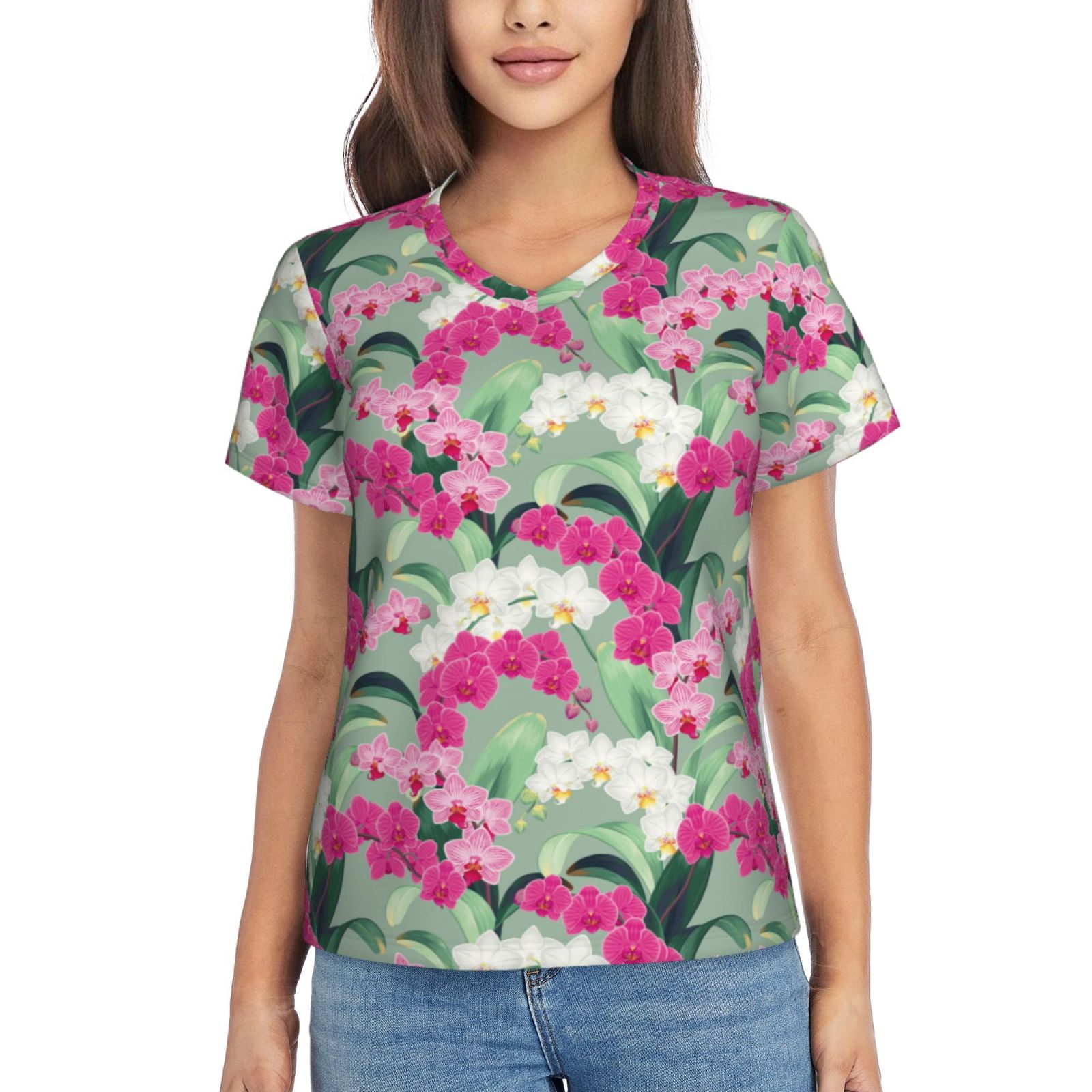 Honeii Orchids Flowers Print Women's Classic V-Neck T-Shirt,Womens ...
