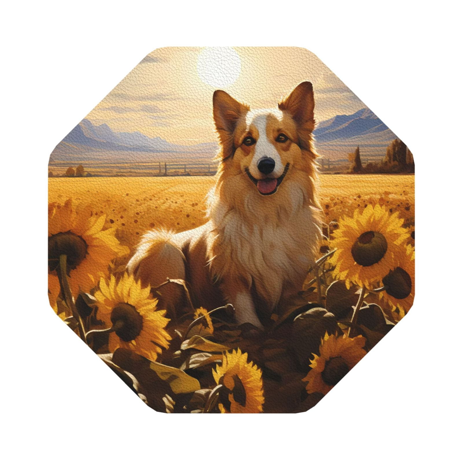 Honeii Pastoral Sunflower Corgi Print Leather Coaster Set of 6, Ideal ...