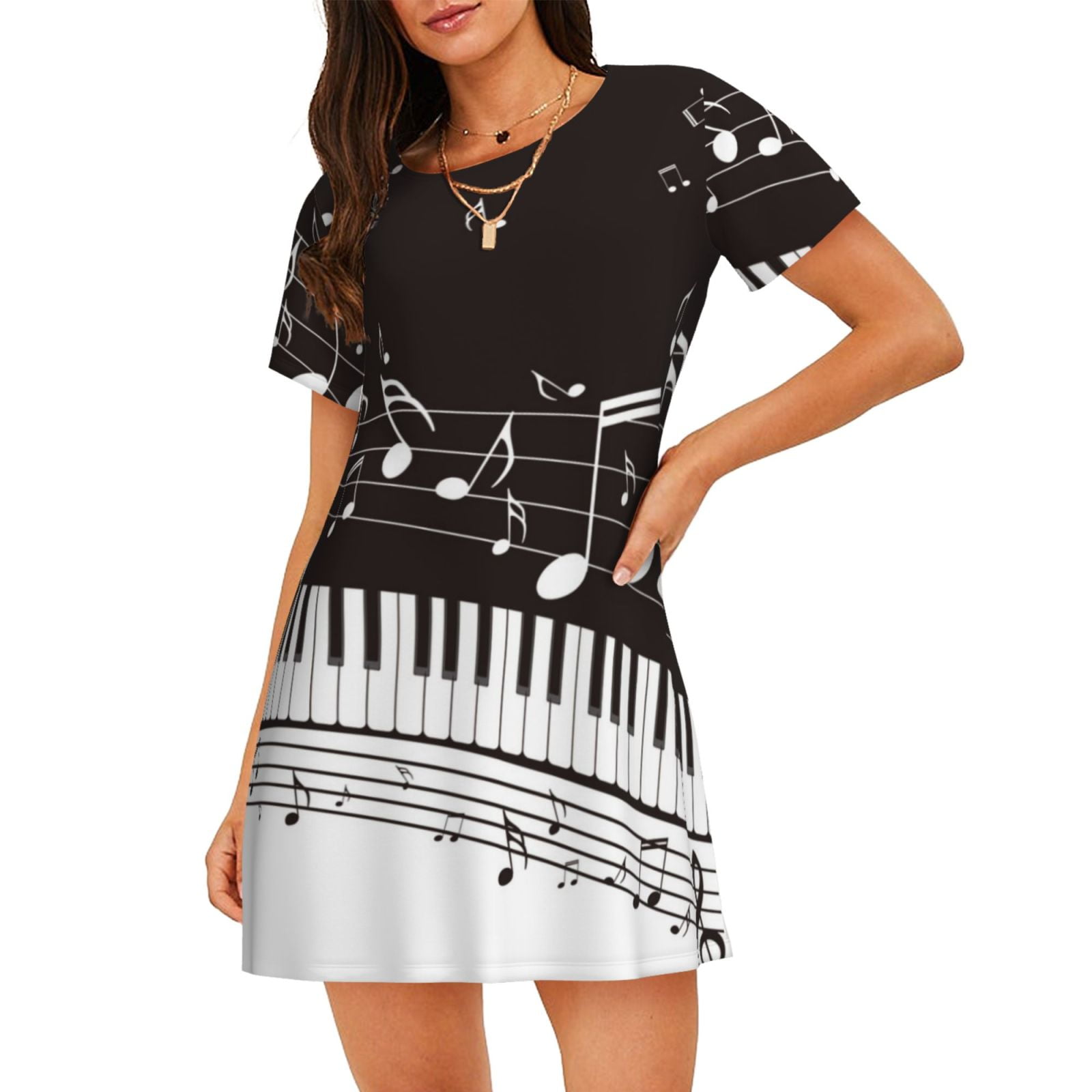 Honeii Piano Keys With Musical Notes Print Women's Loose Short Sleeve ...