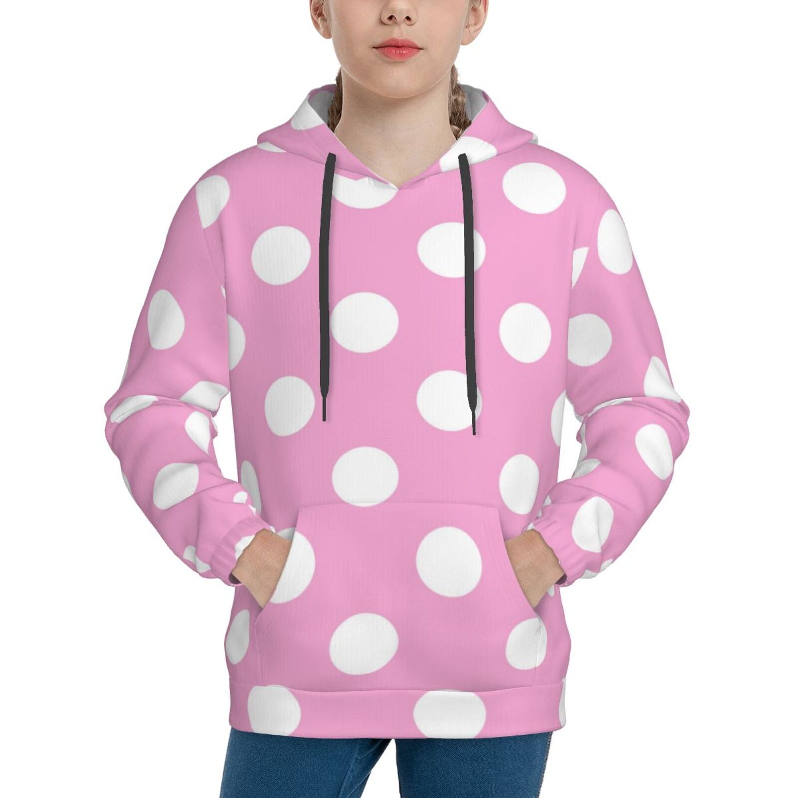 Honeii Pink And White Polka Dot Pattern Long-Sleeve Hooded Sweatshirt ...