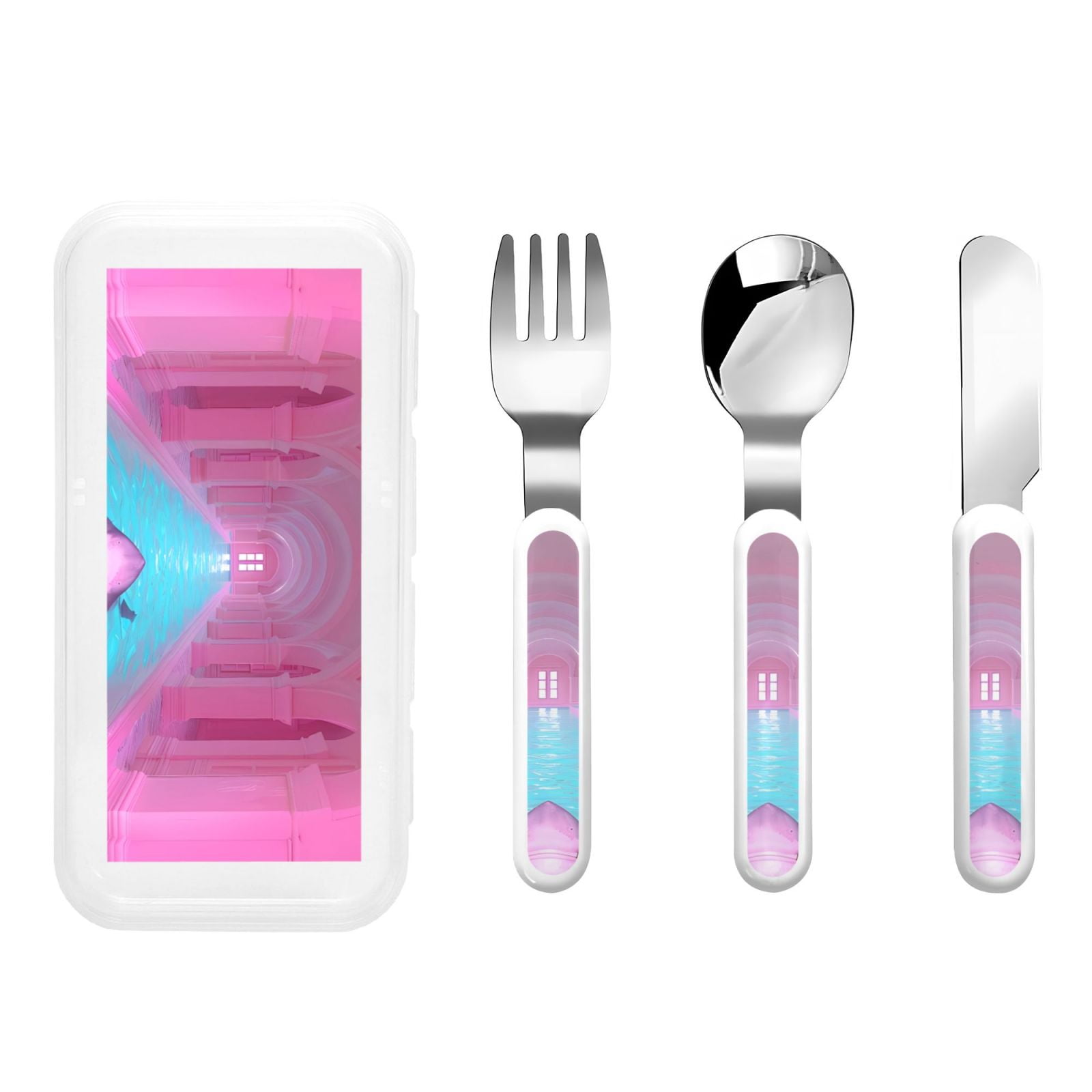 Honeii Pink Shark Pool Fantasy Print Children's Knife, Fork And Spoon ...