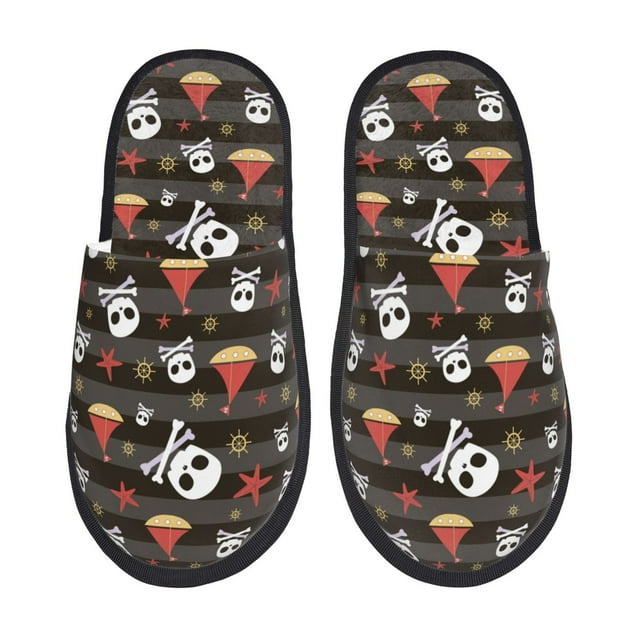Honeii Pirate skull Print Furry Slippers Bedroom Slippers for Women and ...