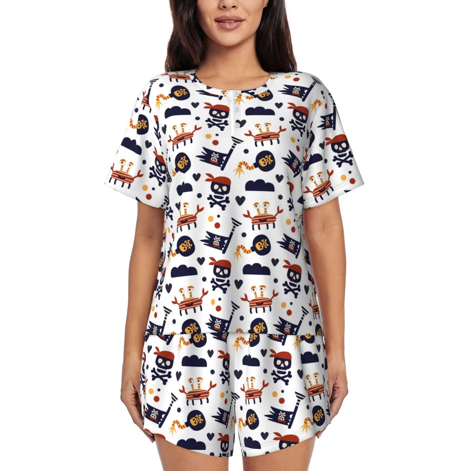 Honeii Pirate skulls for Women's Summer Pajama Set ,Soft Short Sleeve ...