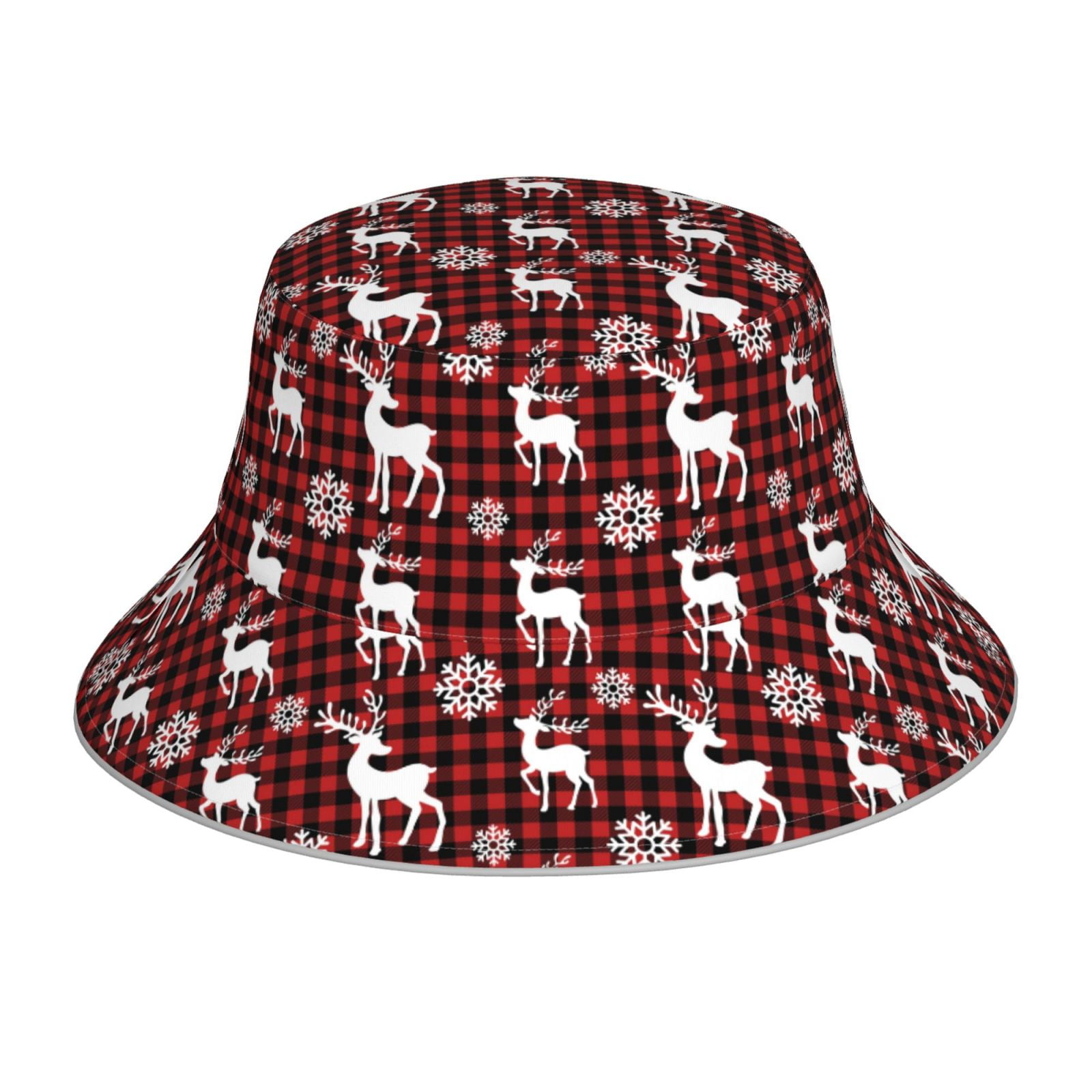 Honeii Plaid Reindeer Snowflakes for Unisex Bucket Hat Waterproof Rain ...
