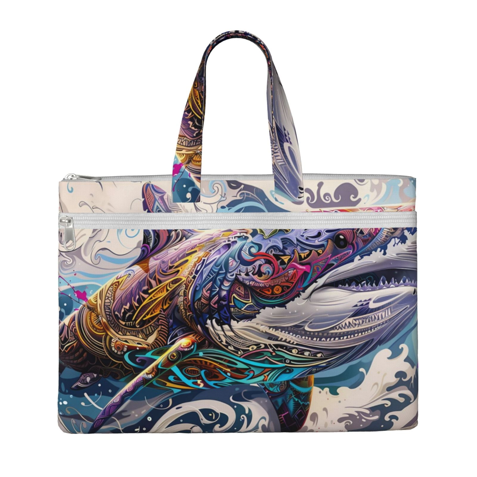 Honeii Psychedelic Shark Artwork Print Canvas Tote Bag with ...