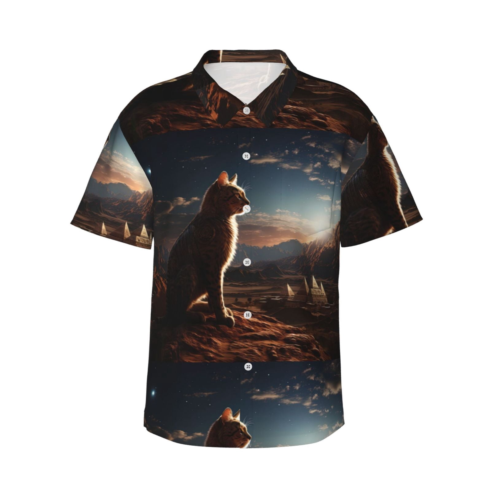 Honeii Pyramid Desert Cat Print Men’s Hawaiian Shirt,Classic Button ...
