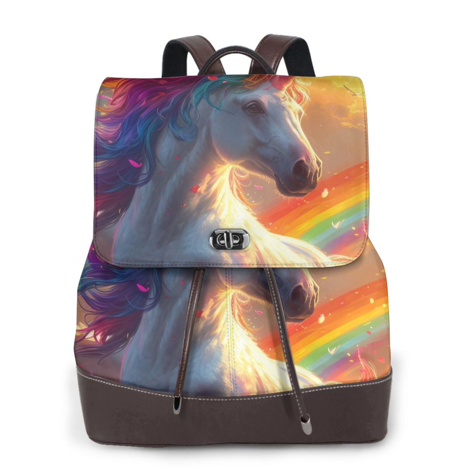 Honeii Rainbow Sunset Cloud White Horse rint Leather Backpack,Trendy Leather Backpack,PU Leather ...