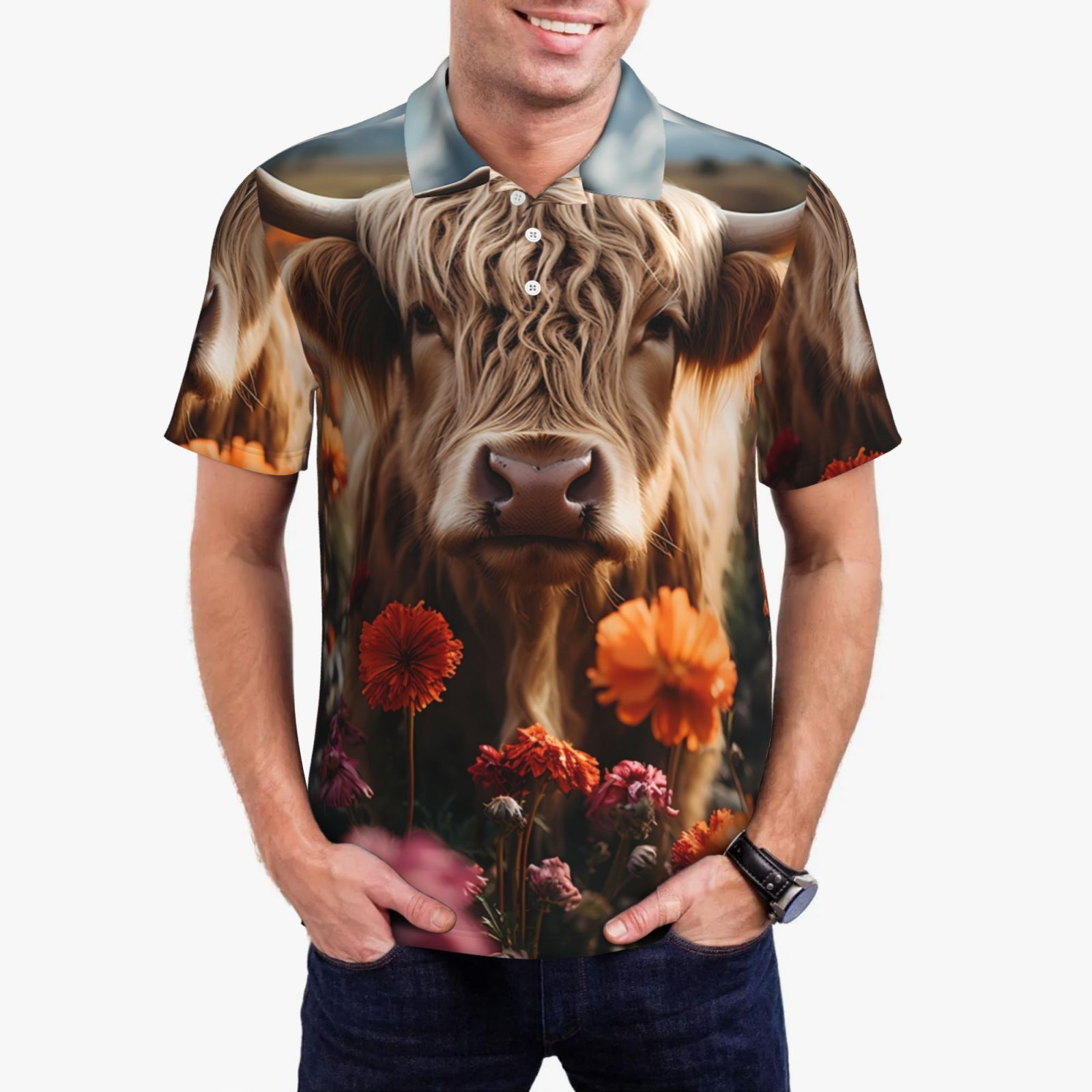 Honeii Realistic Flower Cow print Polo Shirt, a classic short-sleeved ...