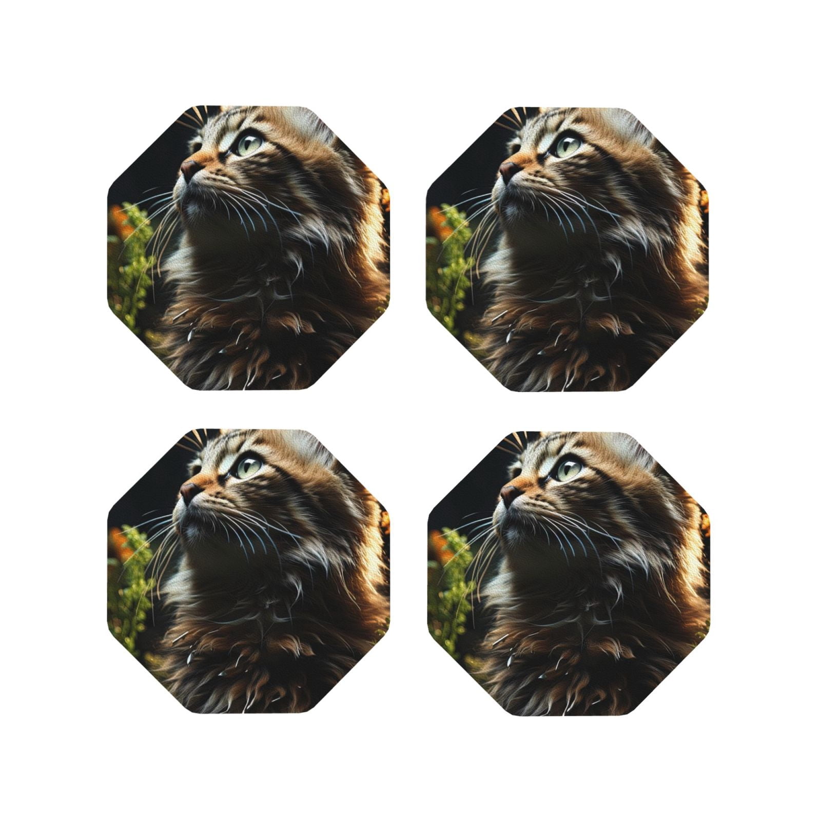 Honeii Realistic Style Cute Cat print Leather Coaster Set of 4, ideal ...