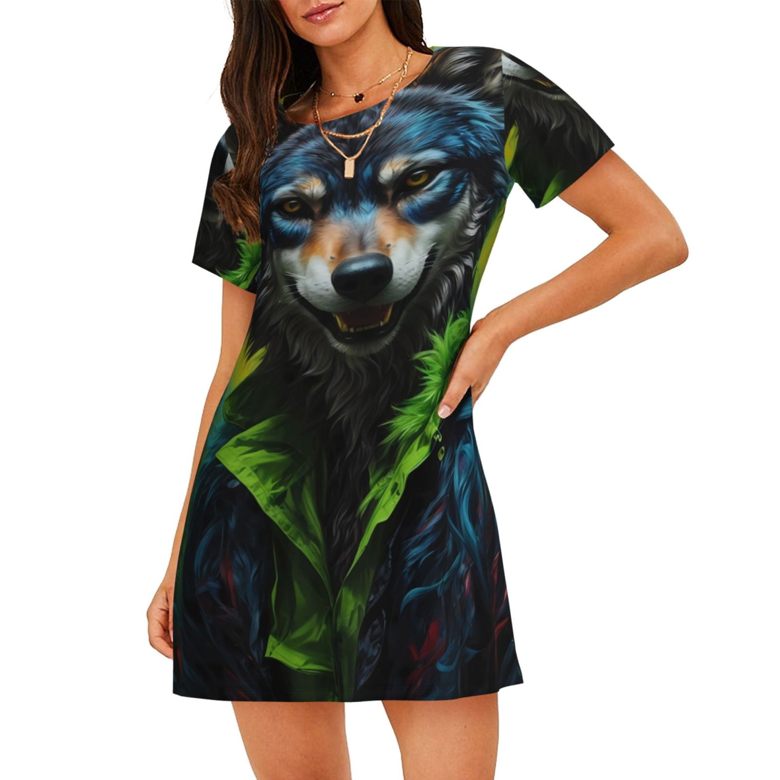 Honeii Realistic Style Wolf Warrior Print Women's Loose Short Sleeve ...