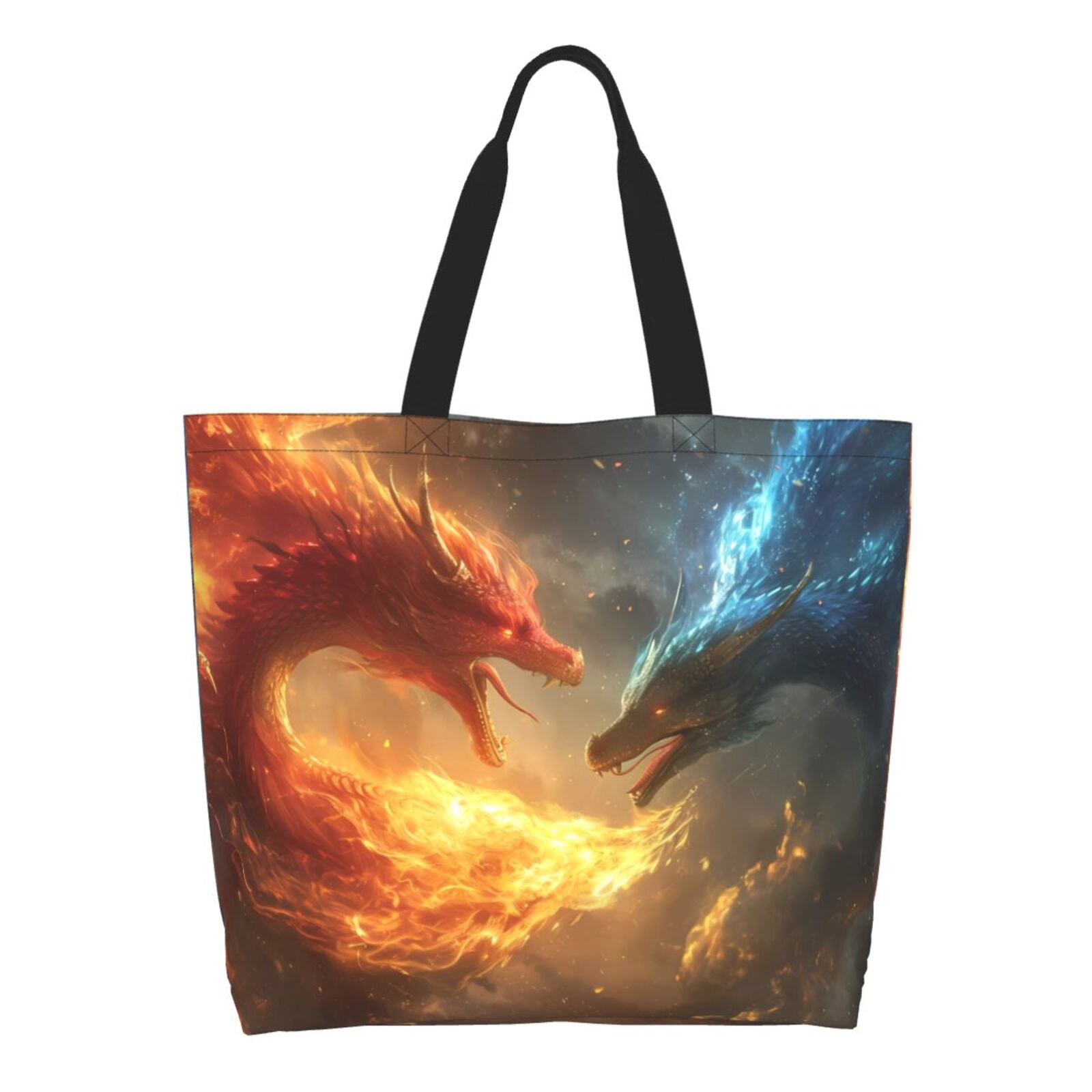 Honeii Red And Blue Fire Dragon B Print Tote Bag for Women, Foldable Tote Bag Large Shoulder Bag ...