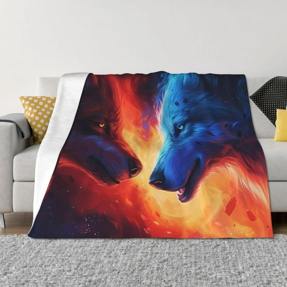Honeii Red And Blue Fire Wolf print throw blanket, crafted from cozy ...