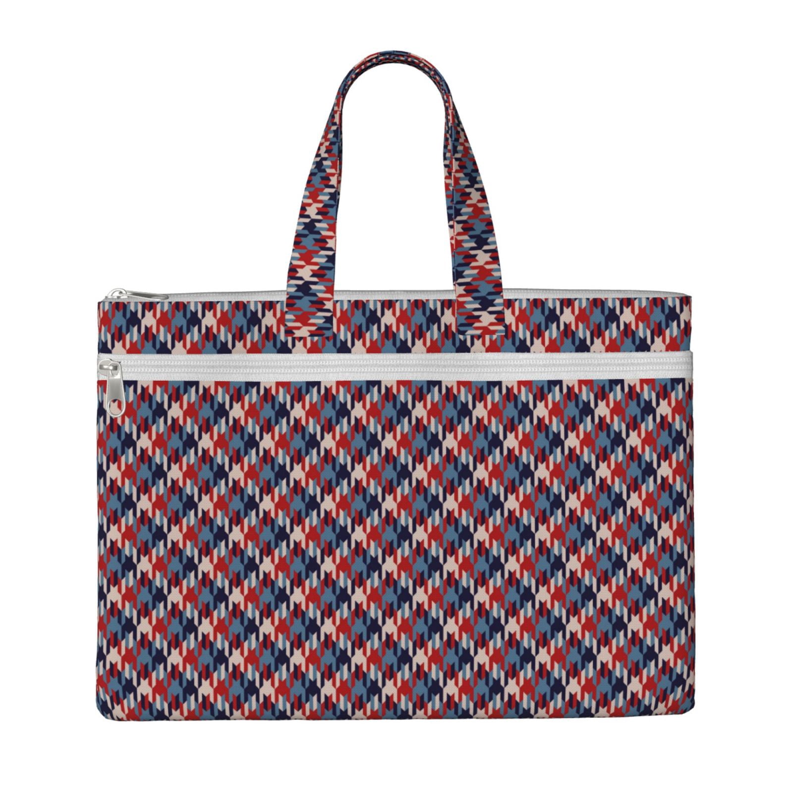 Honeii Red Blue Checked Print Canvas Tote Bag with Compartments Laptop ...