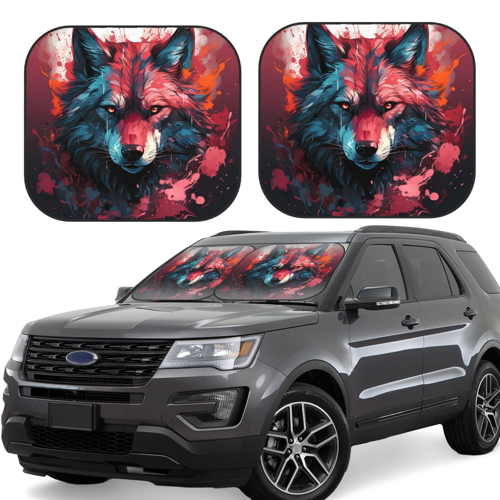 Honeii Red Flame Wolf Head Print Foldable Car Sun Shade for Windshield ...