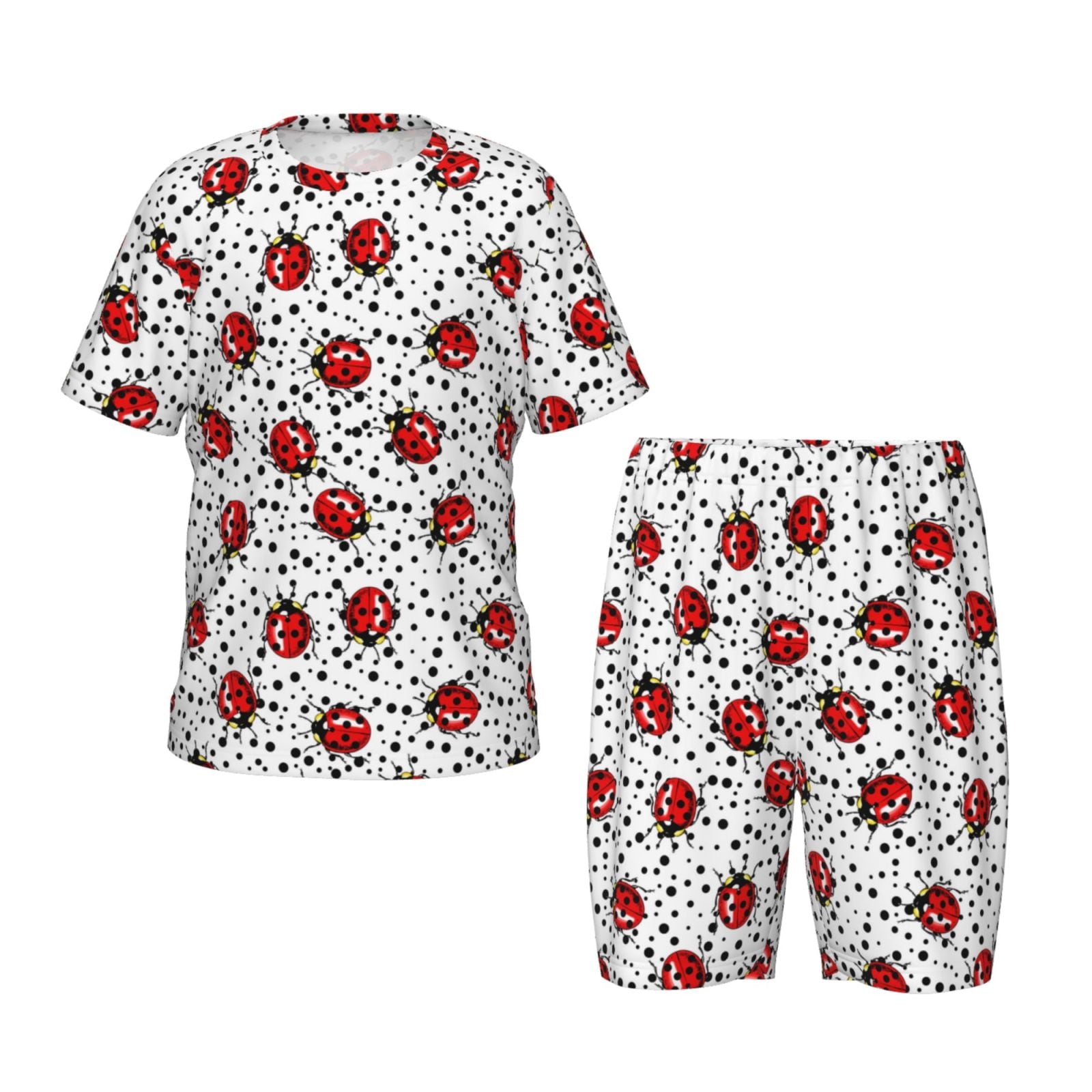 Honeii Red Ladybugs On Black Dotted Print Short-Sleeved Summer Pajama ...