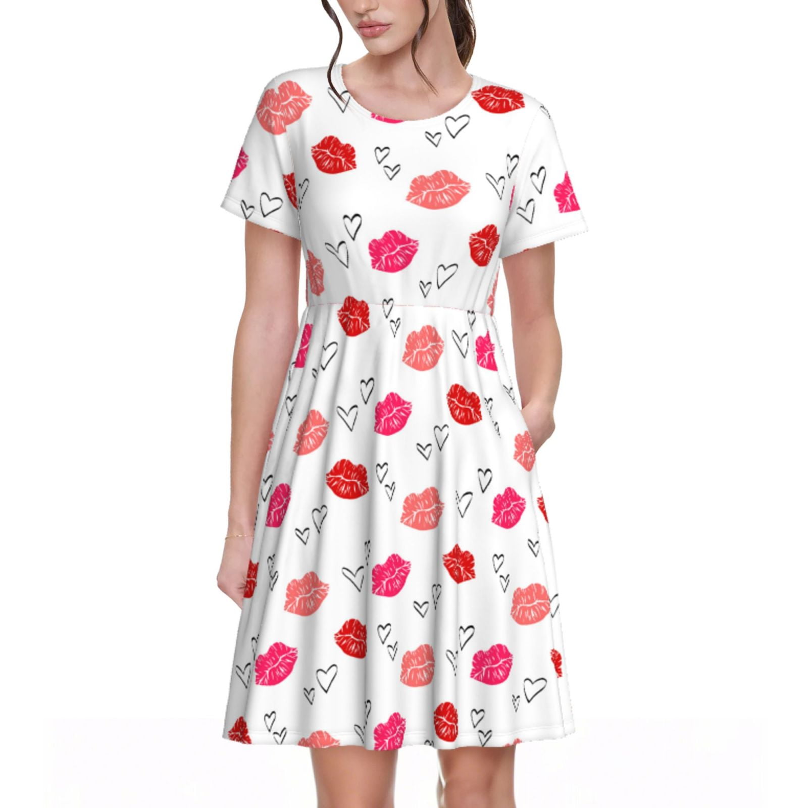 Honeii Red Lips 1 Print Women’s Short Sleeve Dress, Comfortable Casual ...