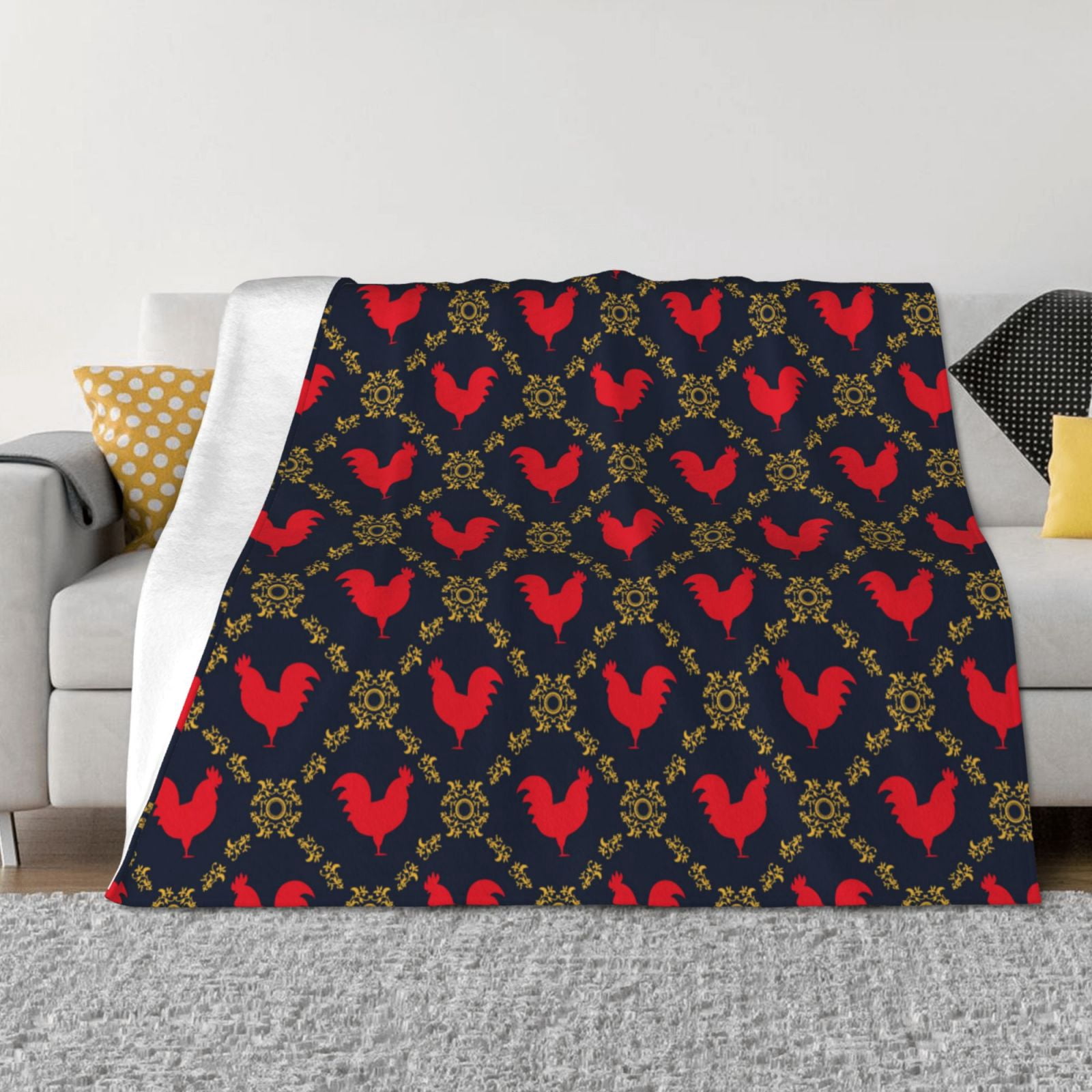 Honeii Red Rooster print throw blanket, crafted from cozy cotton ...