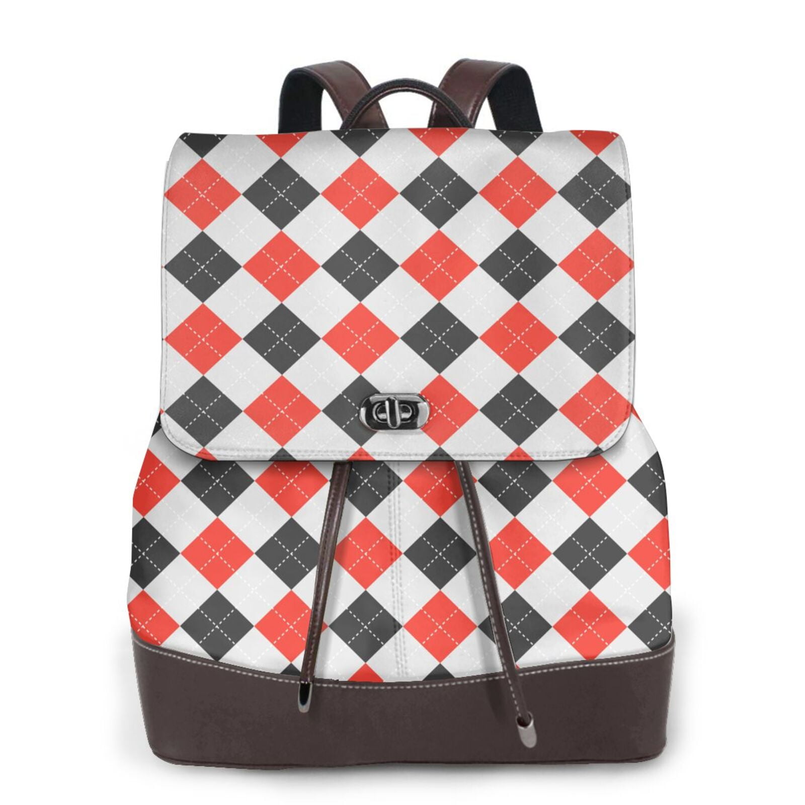Honeii Red and black argyle rint Leather Backpack,Trendy Leather ...