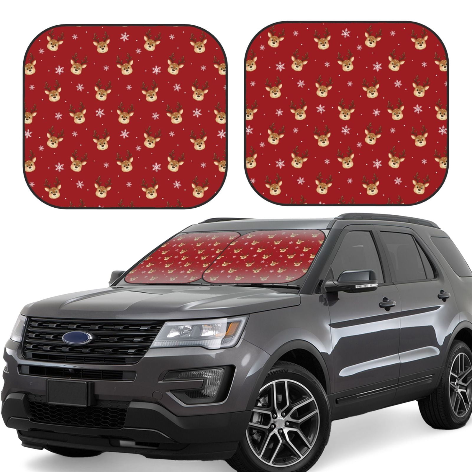 Honeii Reindeer Faces Festive Red Print Foldable Car Sun Shade for ...